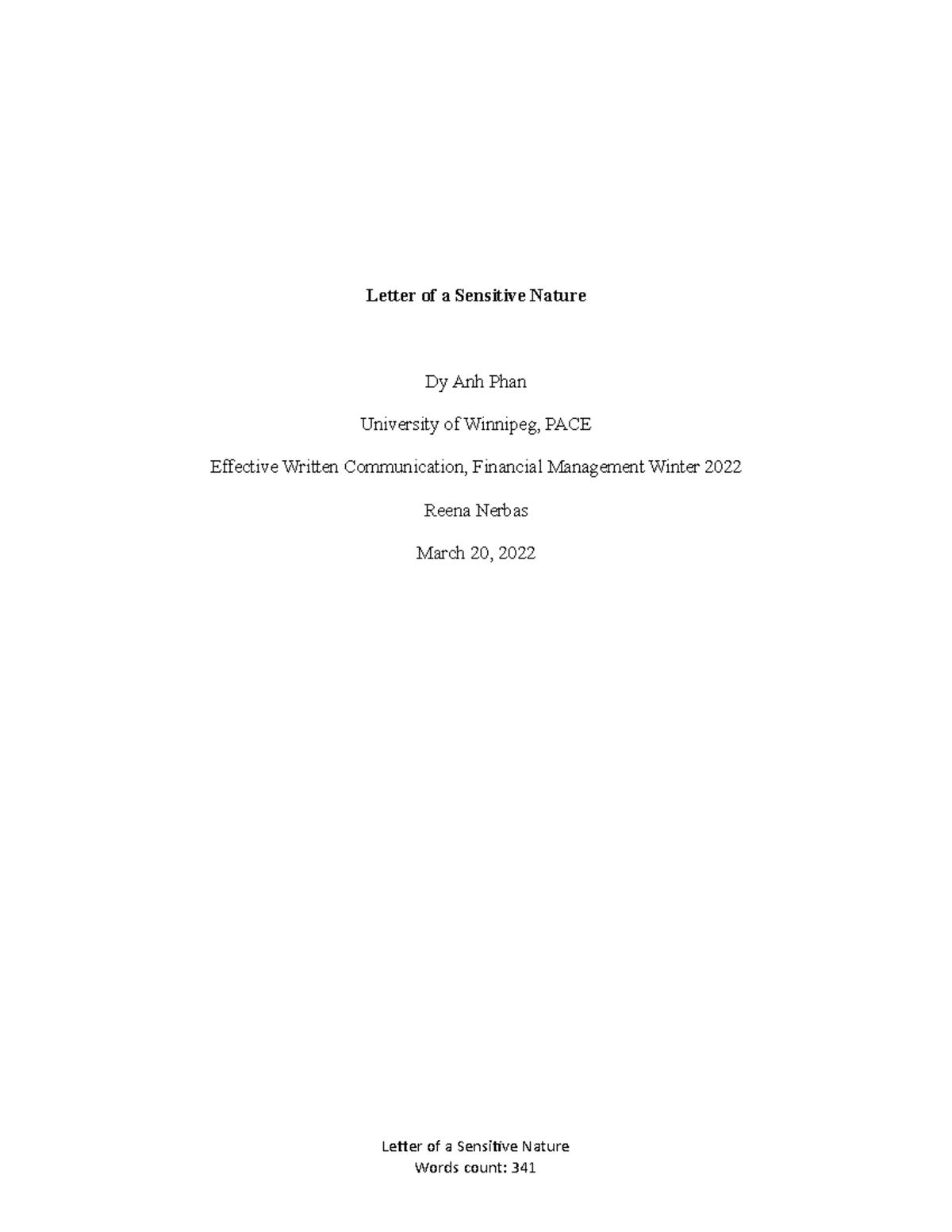 Assignment 6 Letter of a Sensitive Nature - Dy Anh Phan - Letter of a ...