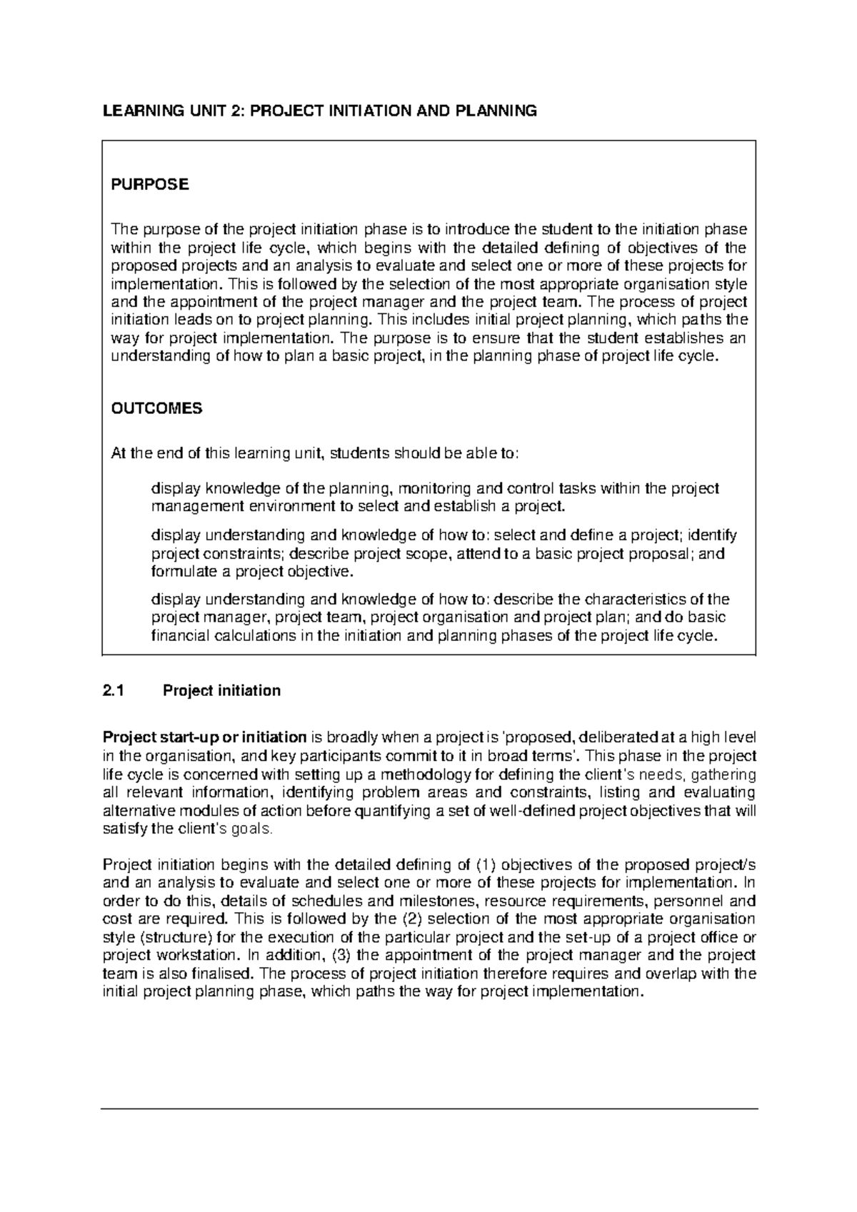 Project Initiation AND Planning - Warning: TT: undefined function: 32 LEARNING UNIT 2: PROJECT ...