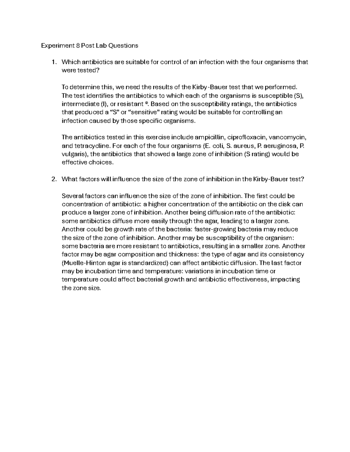 Microbio Lab Experiment 8 Post Lab Questions - Experiment 8 Post Lab Questions 1. Which ...