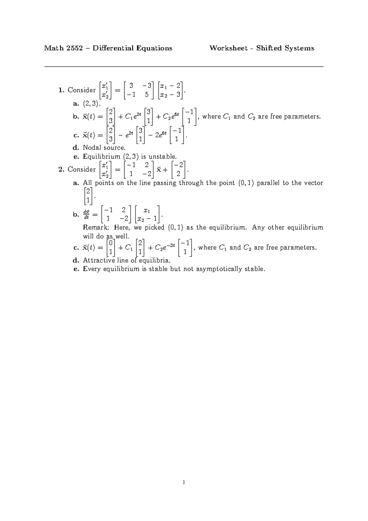 10 shifted system sol - Math 2552 – Differential Equations Worksheet ...