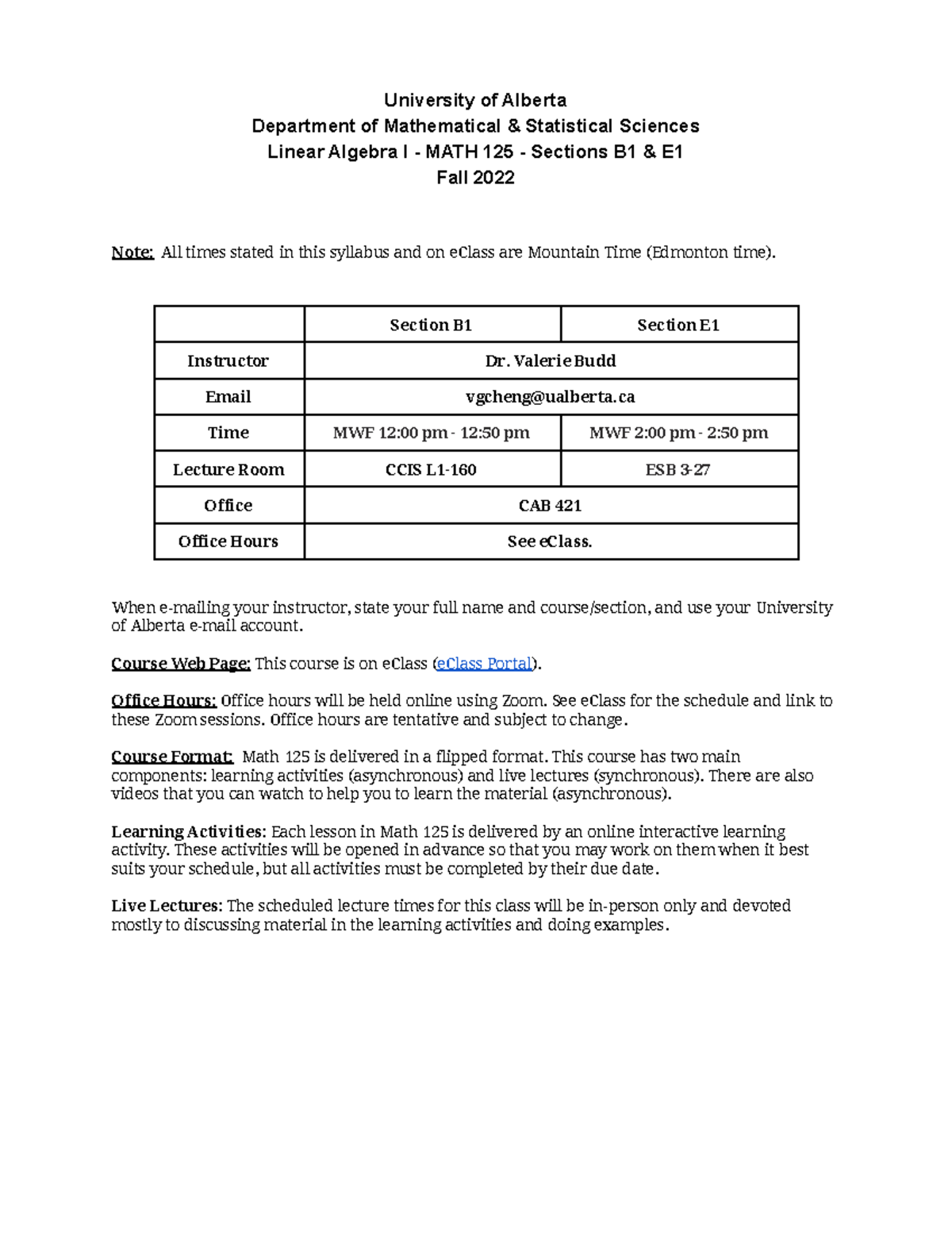 2022 Fall MATH125 B1E1 Syllabus - University of Alberta Department of ...