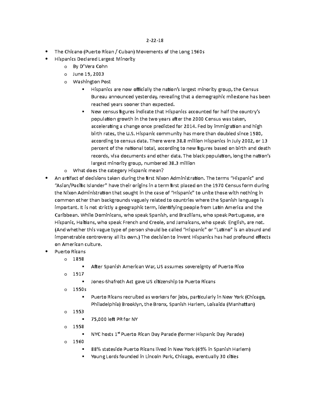 Lecture 2-22-18 Notes - 2-22- The Chicano (Puerto Rican / Cuban ...