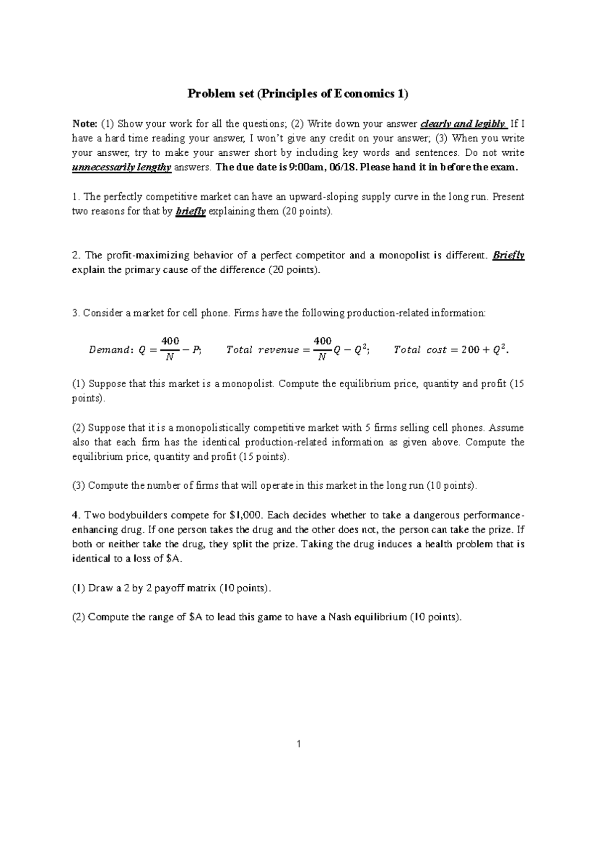 Problem set 2 - 1 Problem set (Principles of Economics 1 ) Note: (1 ...