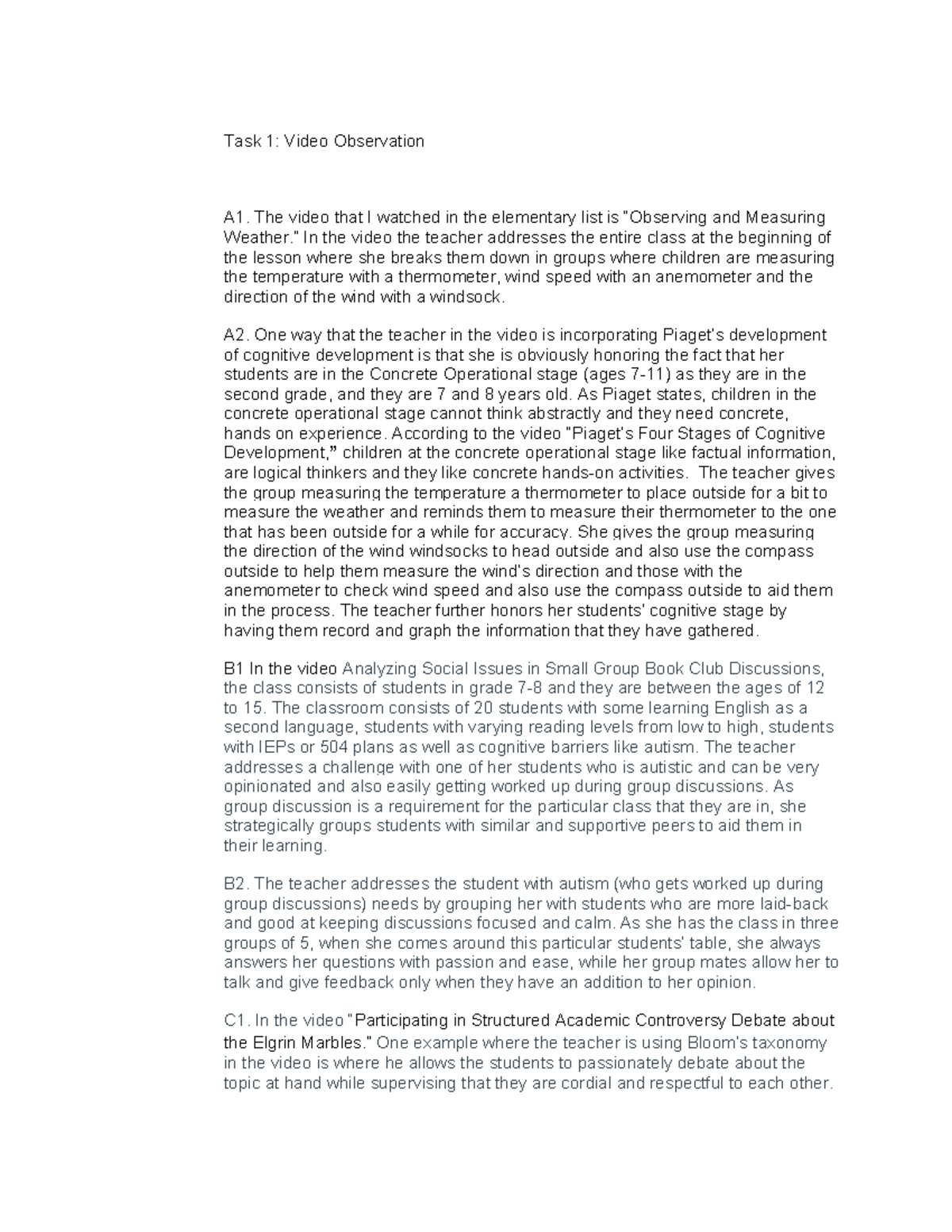 Task-1 Video observation - Task 1: Video Observation A1. The video that ...