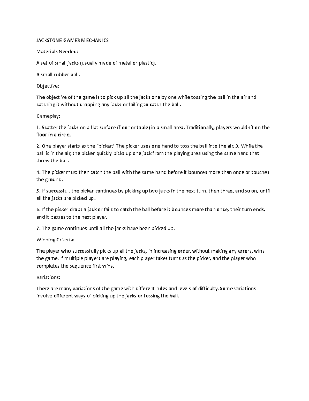 Jackstone - JACKSTONE GAMES MECHANICS Materials Needed: A set of small ...