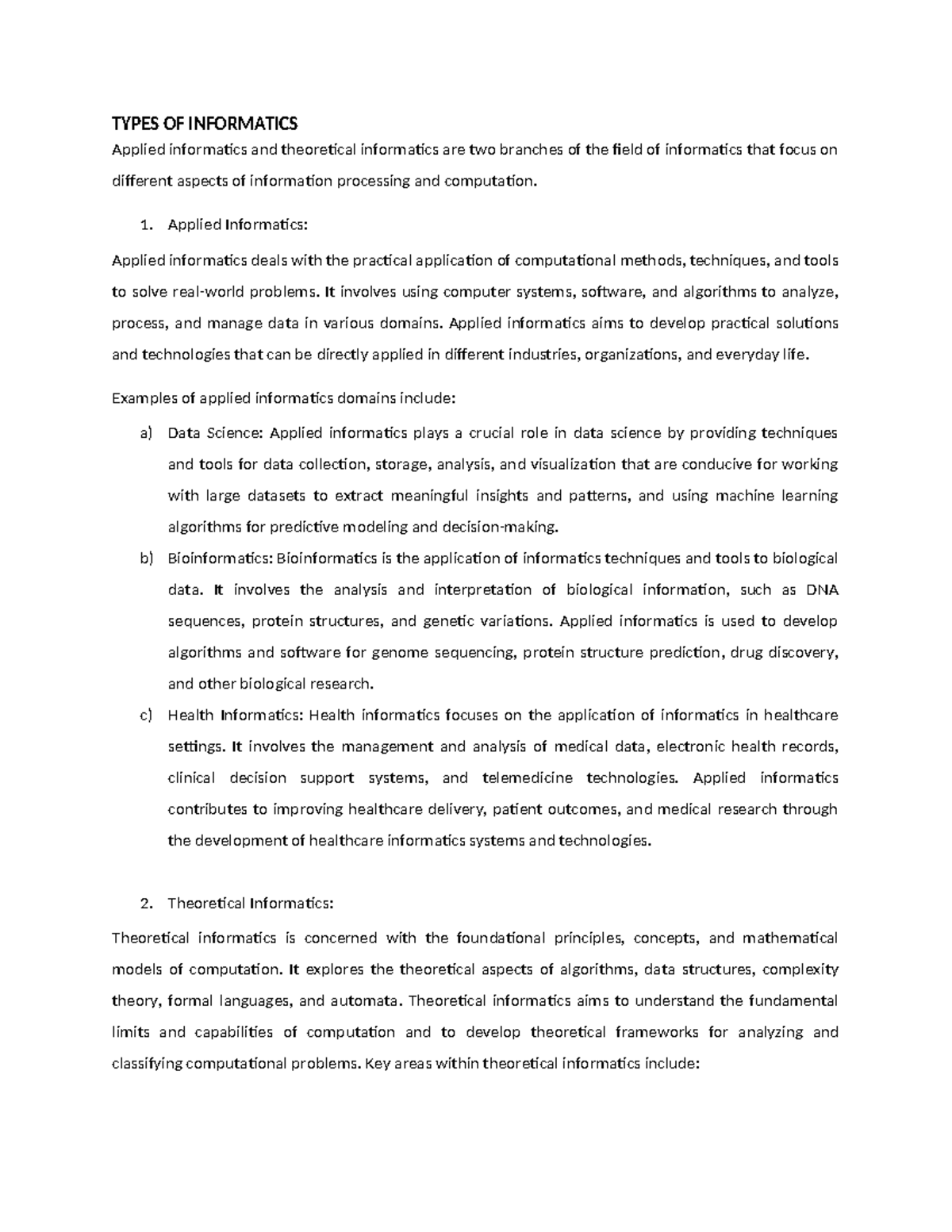 Introduction to Informatics notes - TYPES OF INFORMATICS Applied ...