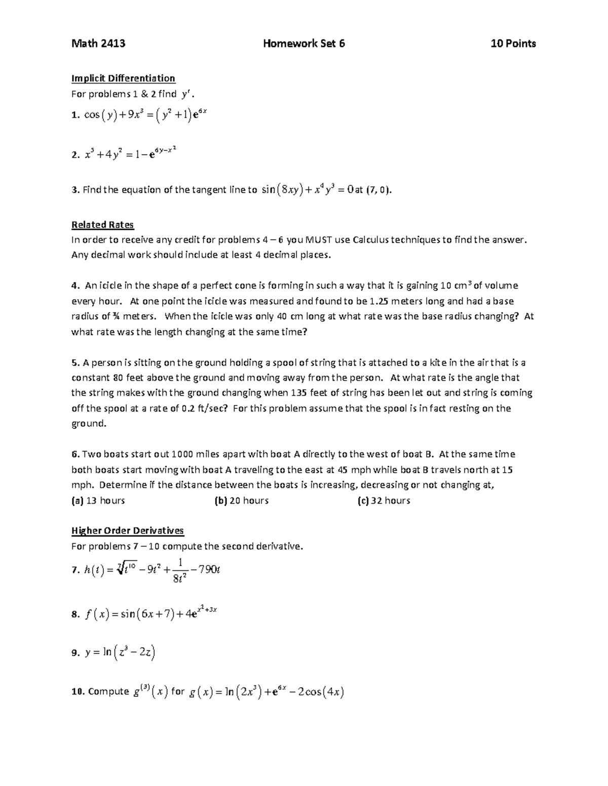 Hw 06 questions fall 2016 - Math 2413 Homework Set 6 10 Points Implicit ...