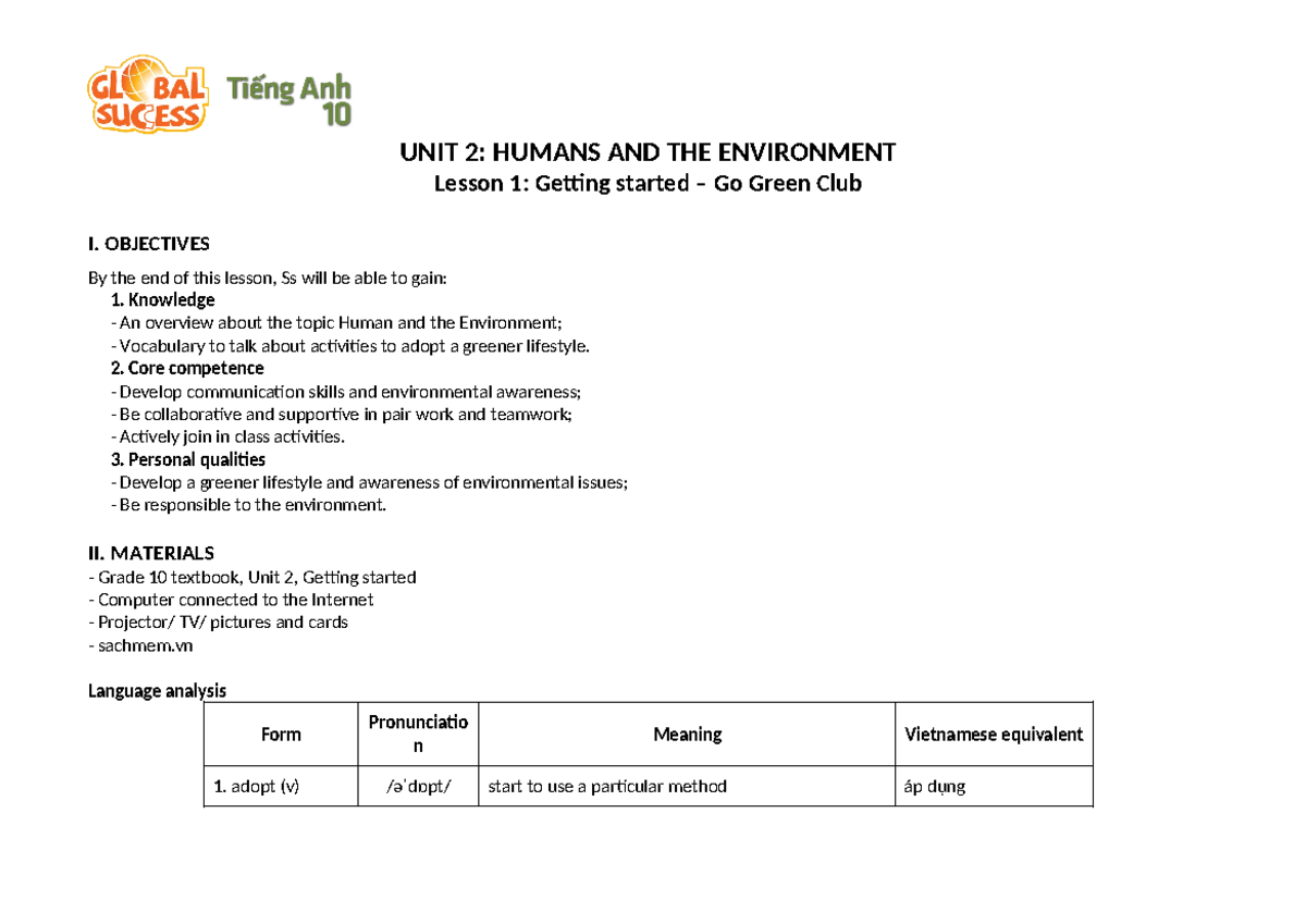 TA10 Unit 2 2 - UNIT 2: HUMANS AND THE ENVIRONMENT Lesson 1: Getting ...