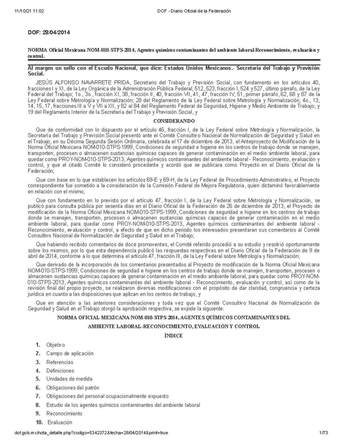 NOM 010 STPS 2014 1 - NORMAS DE SEGURIDAD - DOF: 28/04/ NORMA Oficial ...