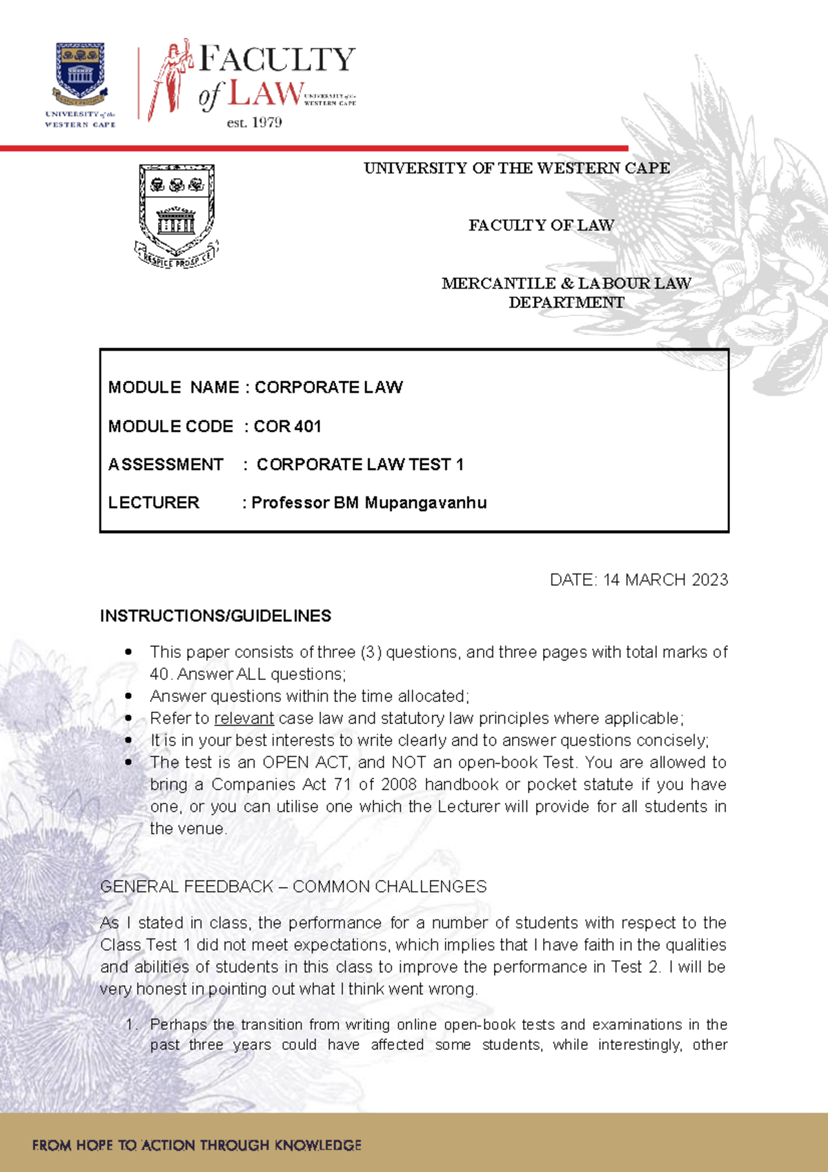 COR 401 TEST 1 - 2023 Guidelines Feedback - UNIVERSITY OF THE WESTERN ...