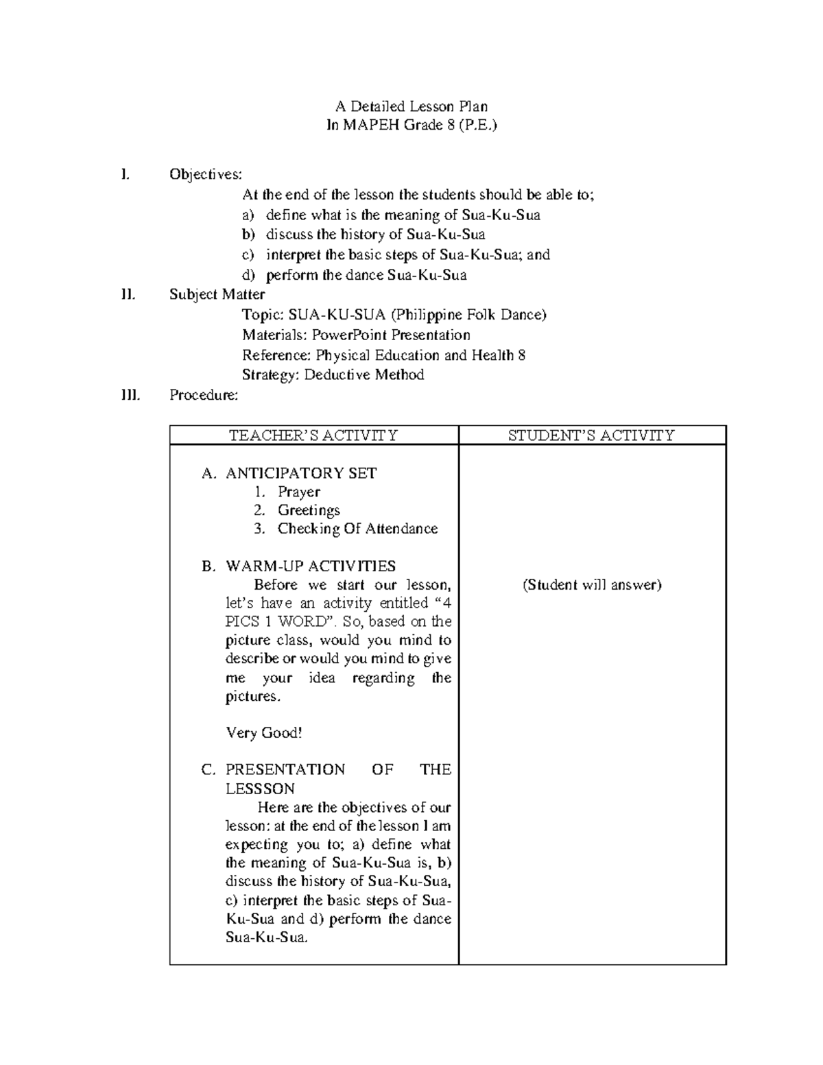 Toaz - Two weeks - A Detailed Lesson Plan In MAPEH Grade 8 (P.) I ...