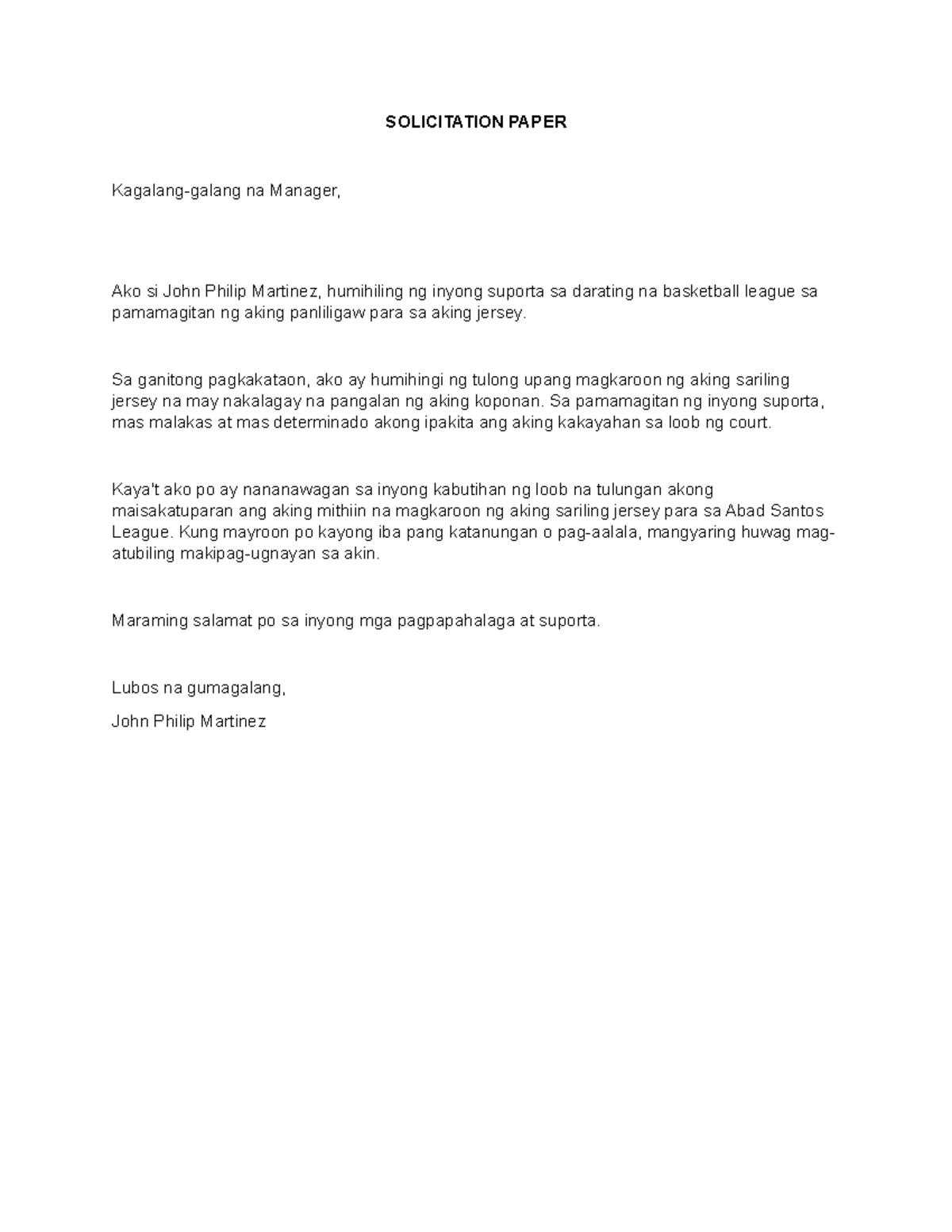 Solicitation- Paper - SOLICITATION PAPER Kagalang-galang na Manager ...