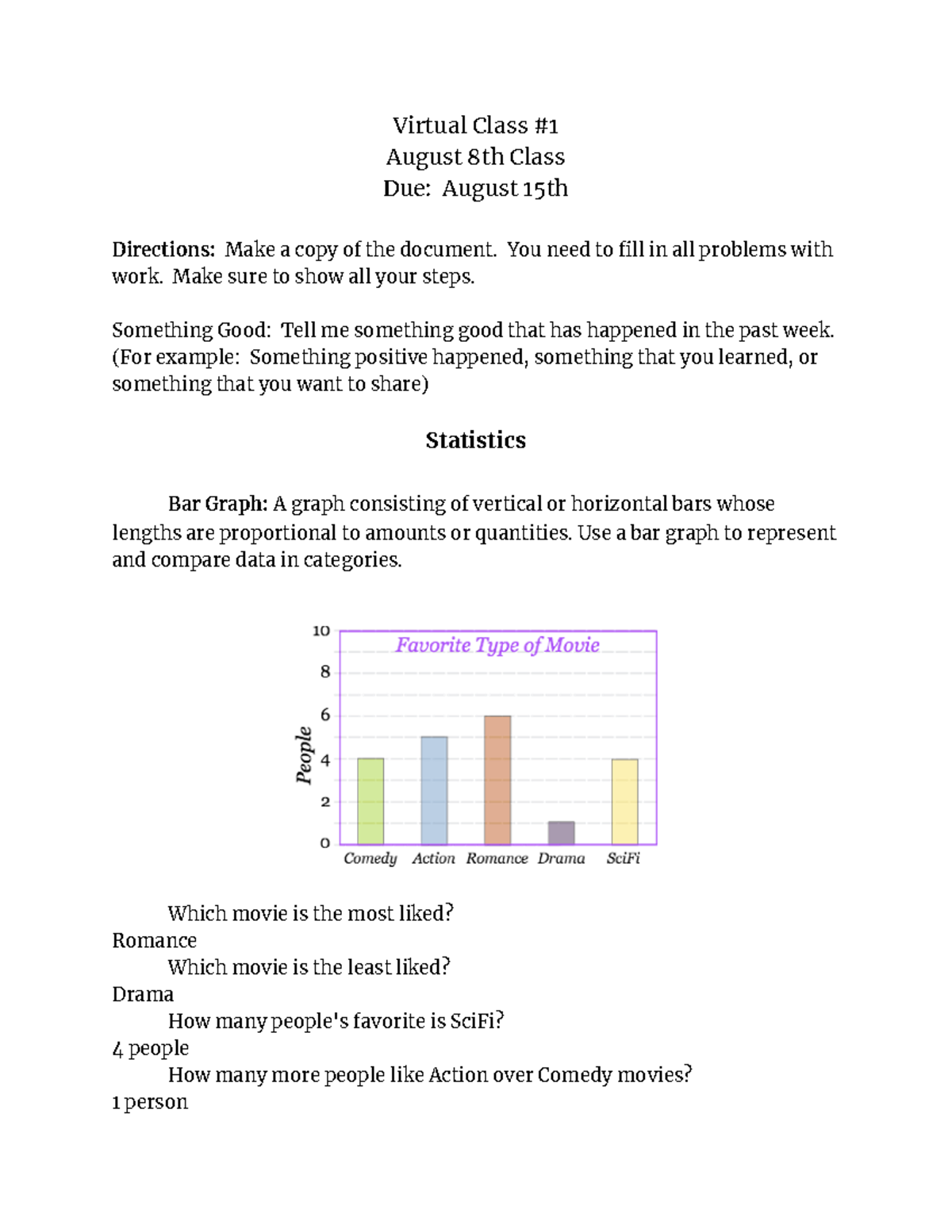 Algebra 1B Virtual Class #1 - Virtual Class August 8th Class Due ...