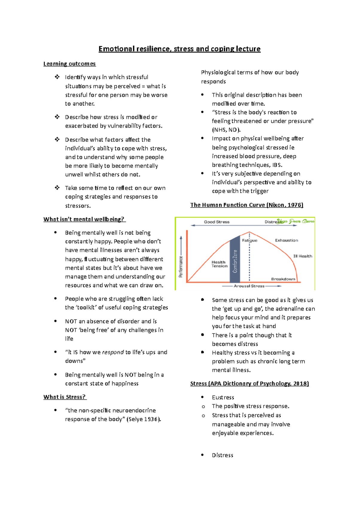 Stress and coping - Lecture notes 1 - Emotional resilience, stress and ...