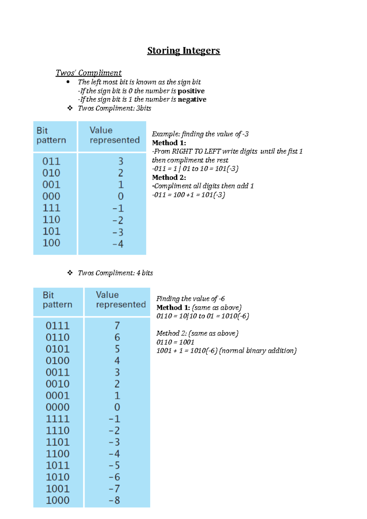 Storing Integers - Lecture notes 9-10 - Storing Integers Twos ...