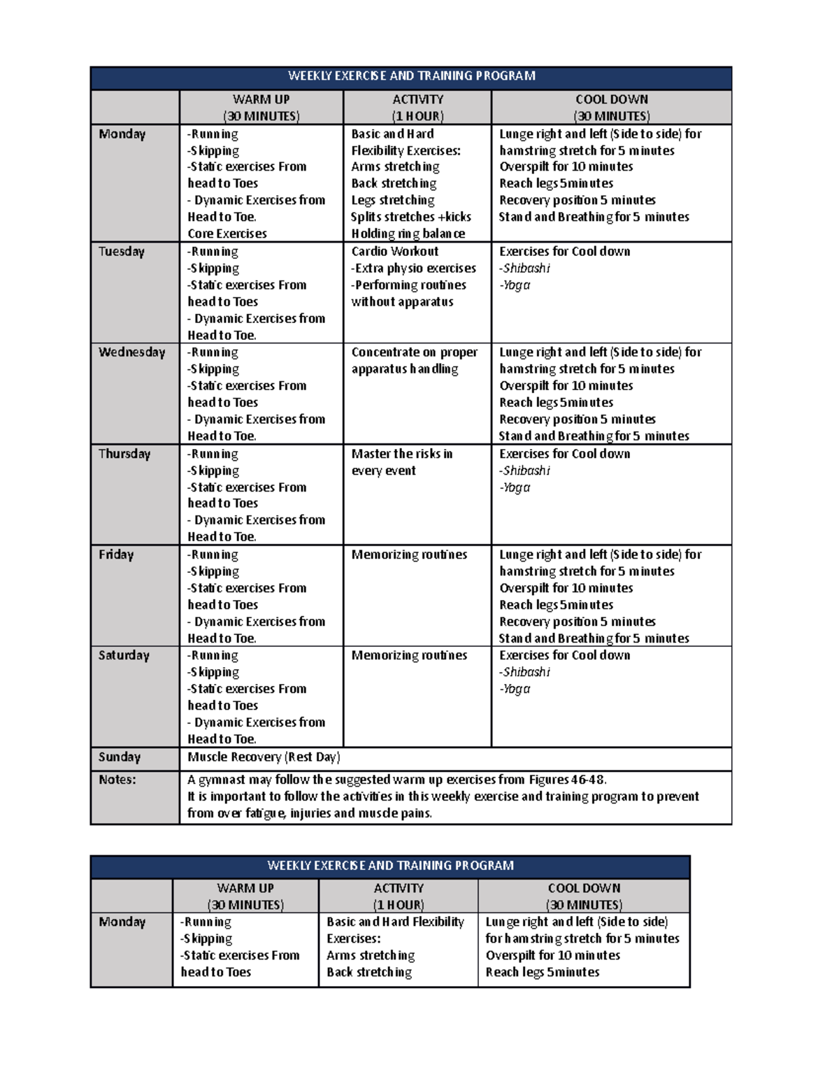 Weekly Exercise Program - WEEKLY EXERCISE AND TRAINING PROGRAM WARM UP ...