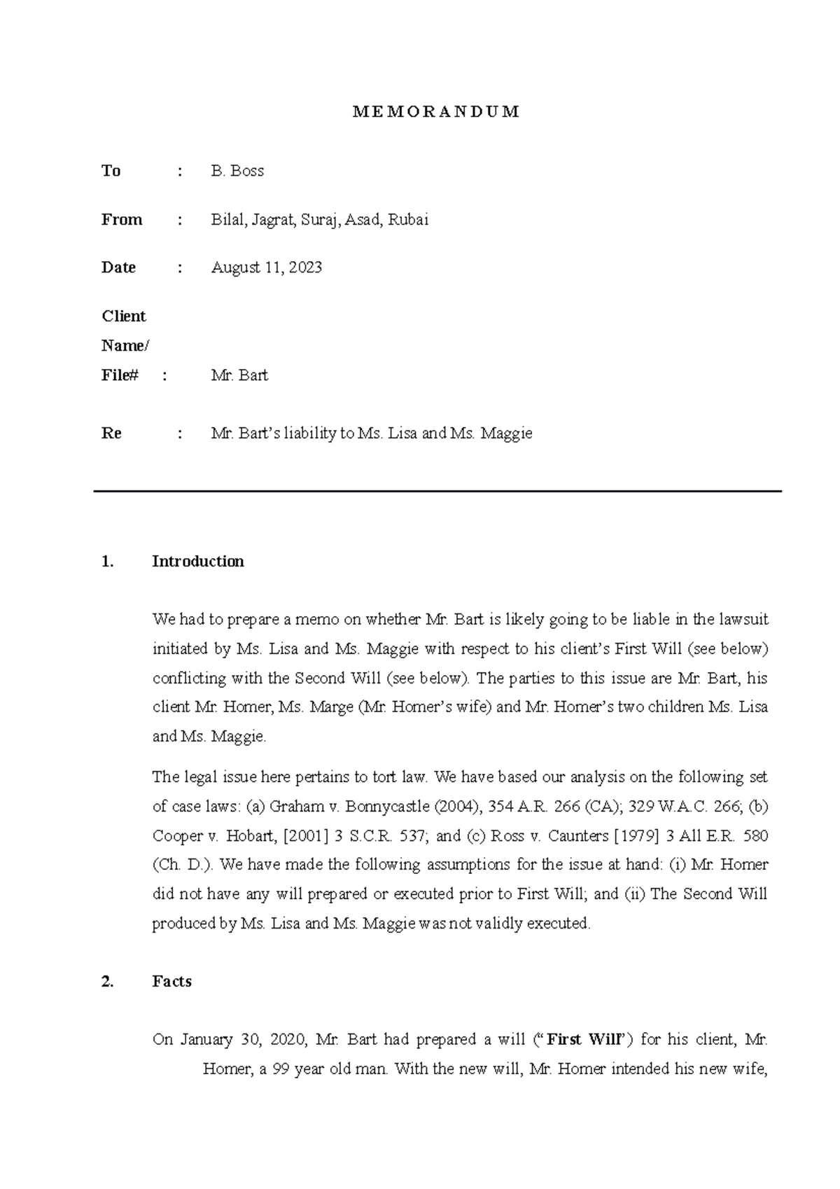 Memorandum-Mr. Bart - Memo assignment - M E M O R A N D U M To : B ...