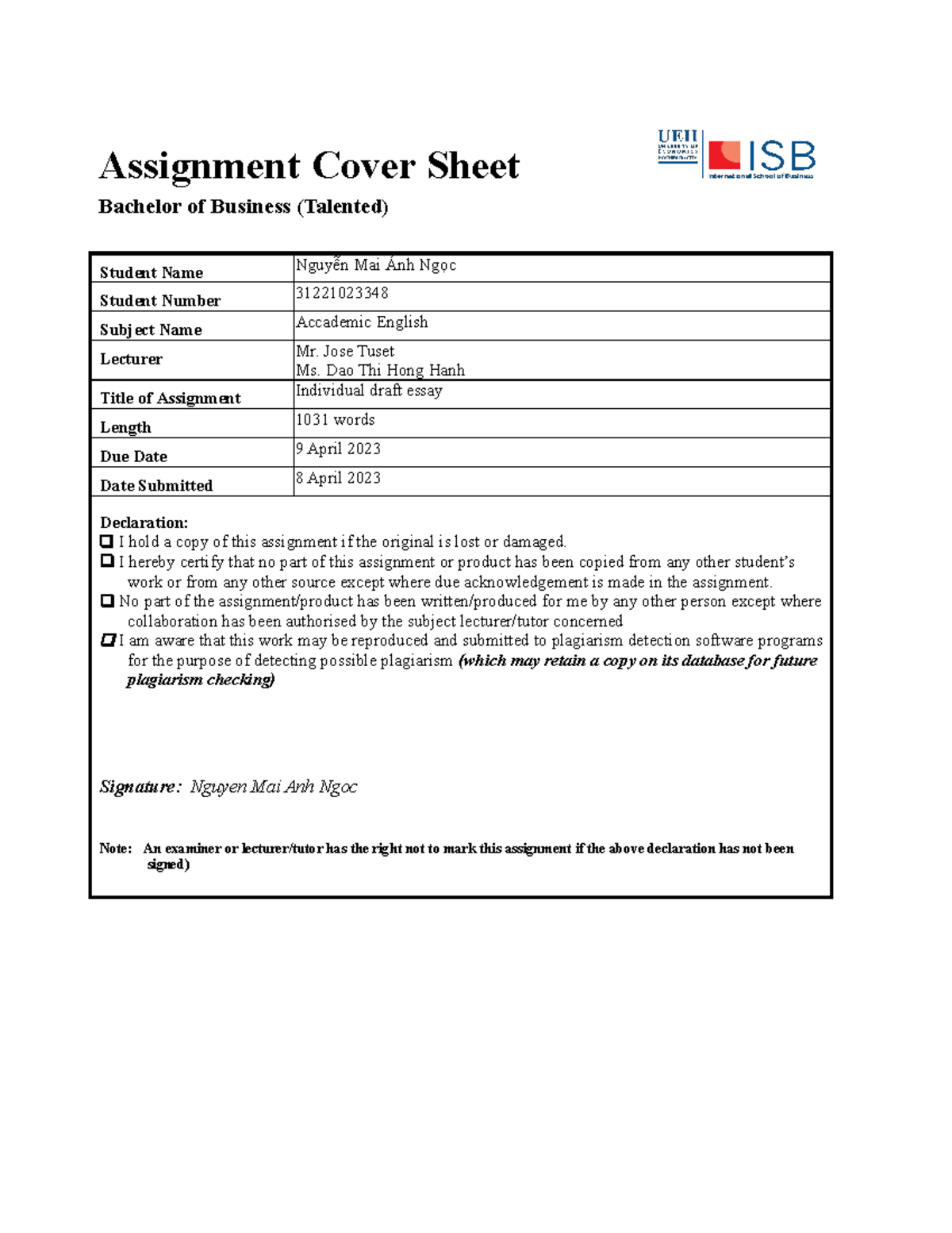 AEn G4 Nguyenmaianhngoc Draft essay - Assignment Cover Sheet Bachelor ...
