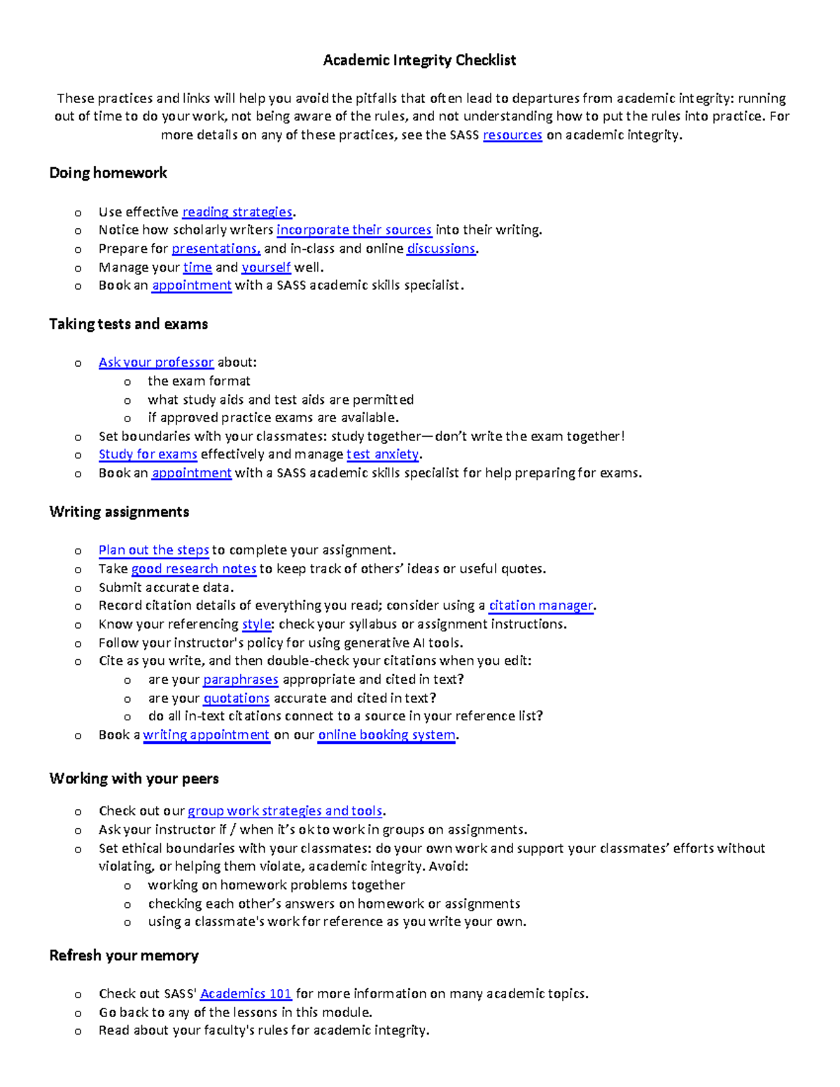 Academic Integrity Checklist - For more details on any of these ...