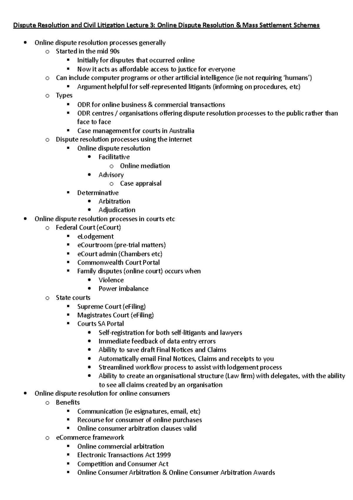 Lecture 3 Notes - Dispute Resolution and Civil Litigation Lecture 3 ...
