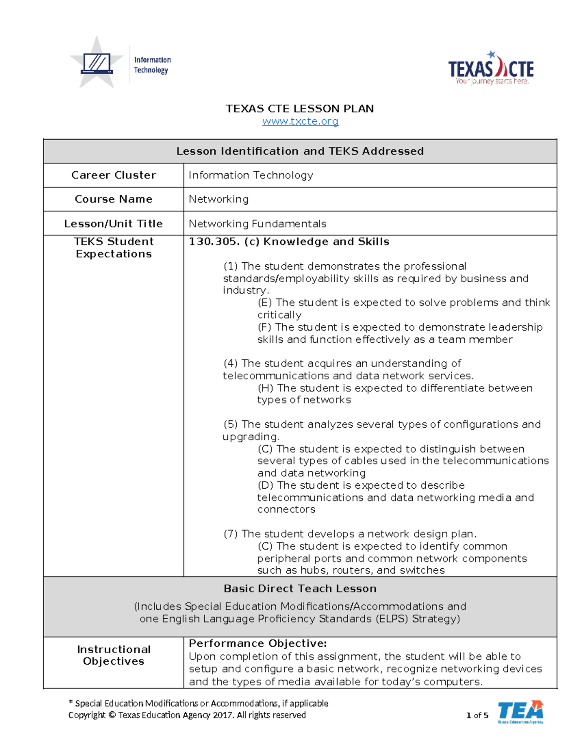 Lesson Plan Networking Fundamentals 0 - TEXAS CTE LESSON PLAN txcte ...