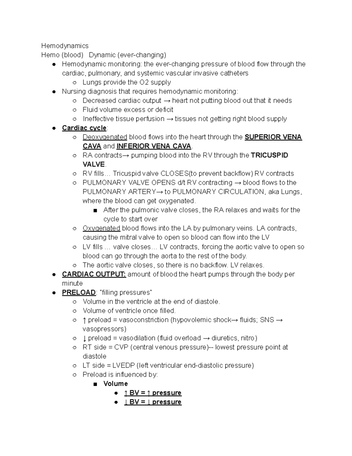Critical Care Exam 1 Notes - Hemodynamics Hemo (blood) Dynamic (ever ...