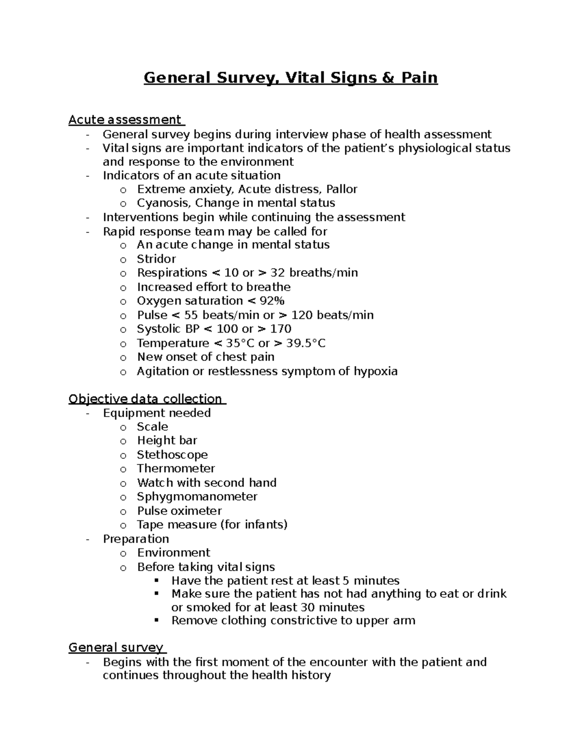 Notes - T1 . General Survey - General Survey, Vital Signs & Pain Acute ...