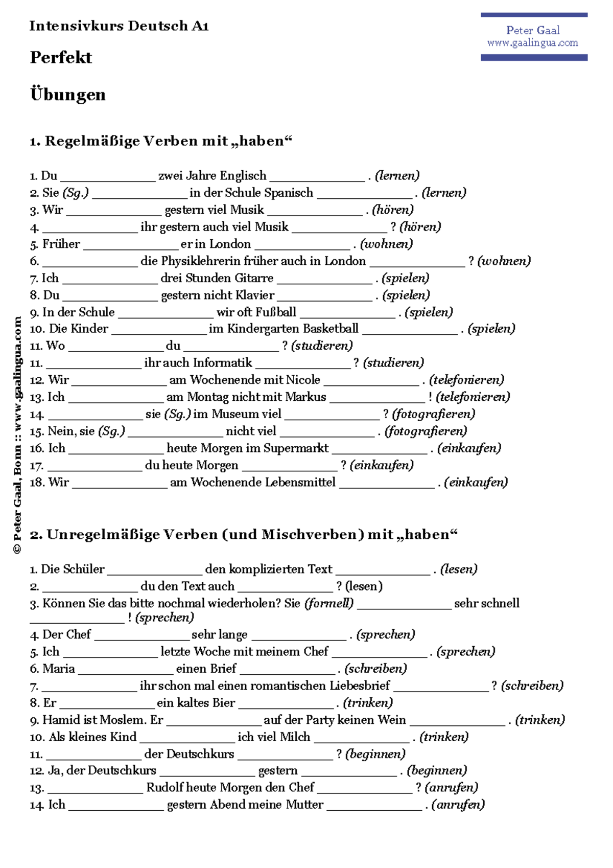 Da F A1 Perfekt Uebungen 1 - Peter Gaal gaalingua Intensivkurs Deutsch ...