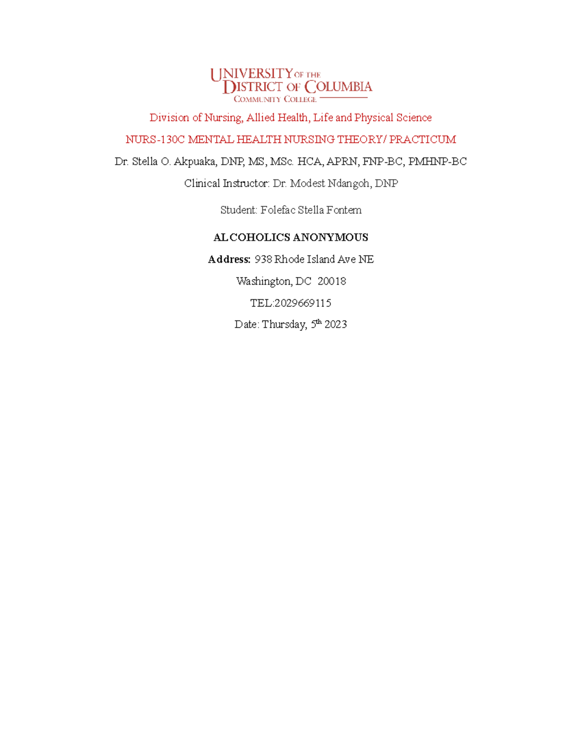 Community assignment ;AA - Division of Nursing, Allied Health, Life and Physical Science NURS ...