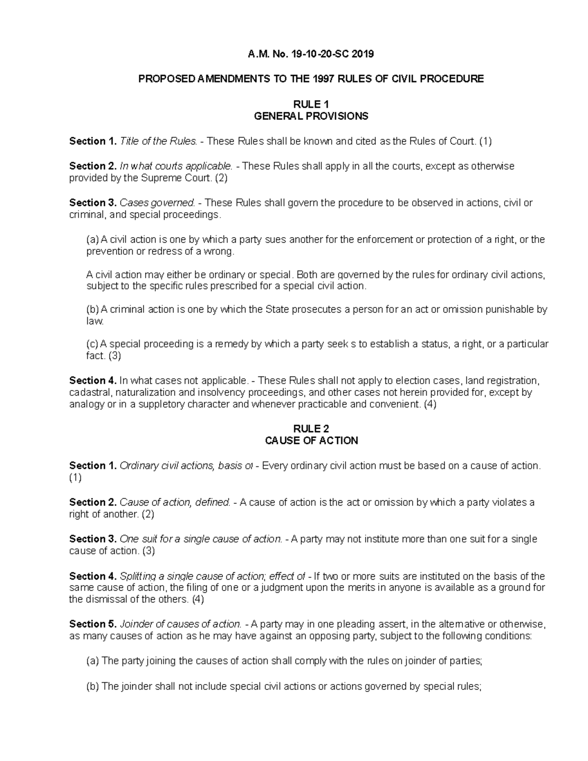 Codal CIVP - A. No. 19-10-20-SC 2019 PROPOSED AMENDMENTS TO THE 1997 ...