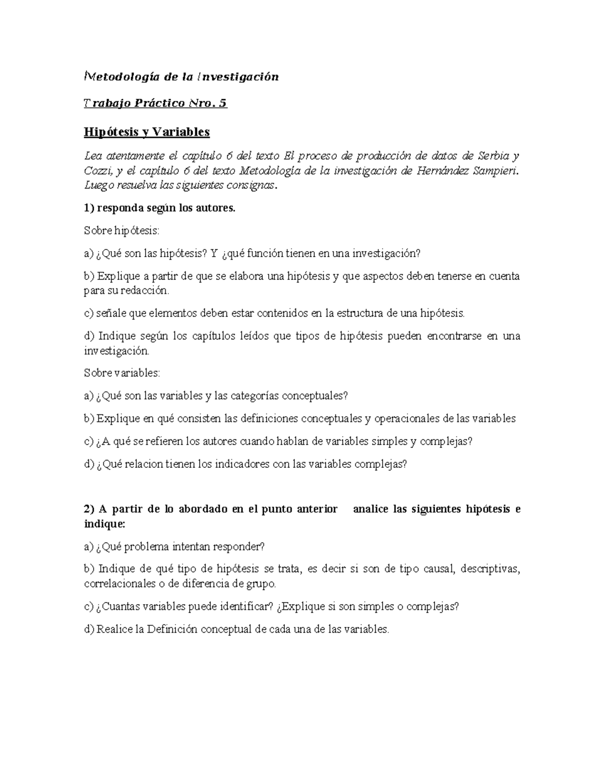 Tp5 Hipotesis y Variables - Metodología de la Investigación Trabajo ...