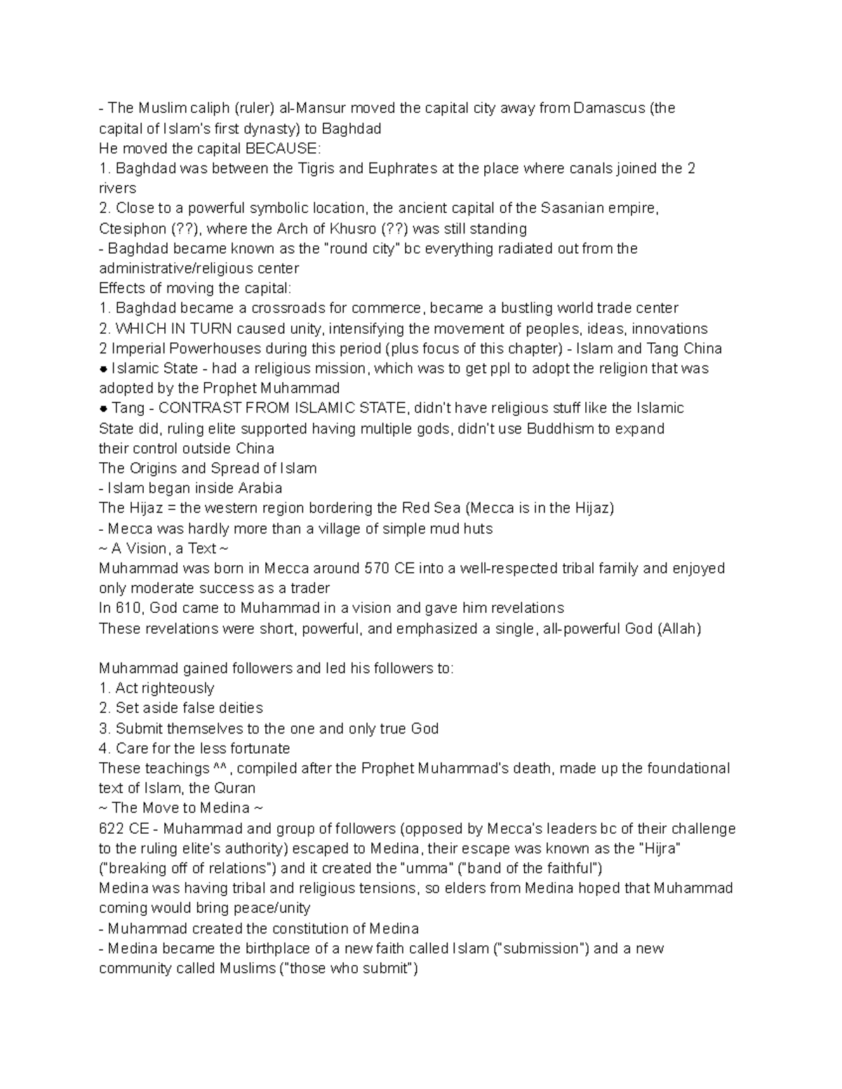 History notes - The Muslim caliph (ruler) al-Mansur moved the capital ...