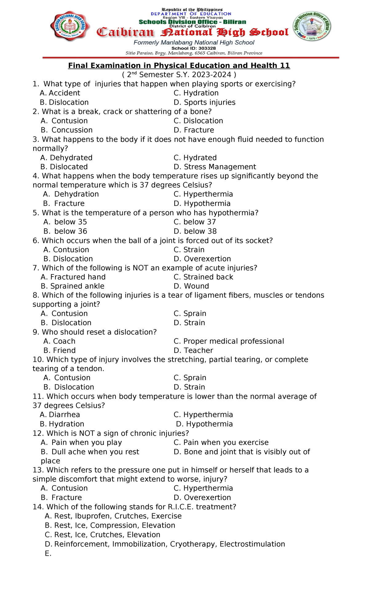 Final Examination in Physical Education and Health 11 - 2023-2024 ...
