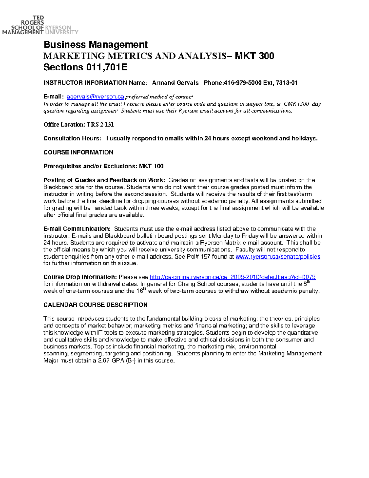 MKT 300 Course Outline Fall2009 Gervais Armand - Business Management ...