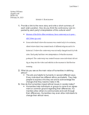 HUM 100 1-2 Short Answer - Perspectives in the Humanities Module One ...