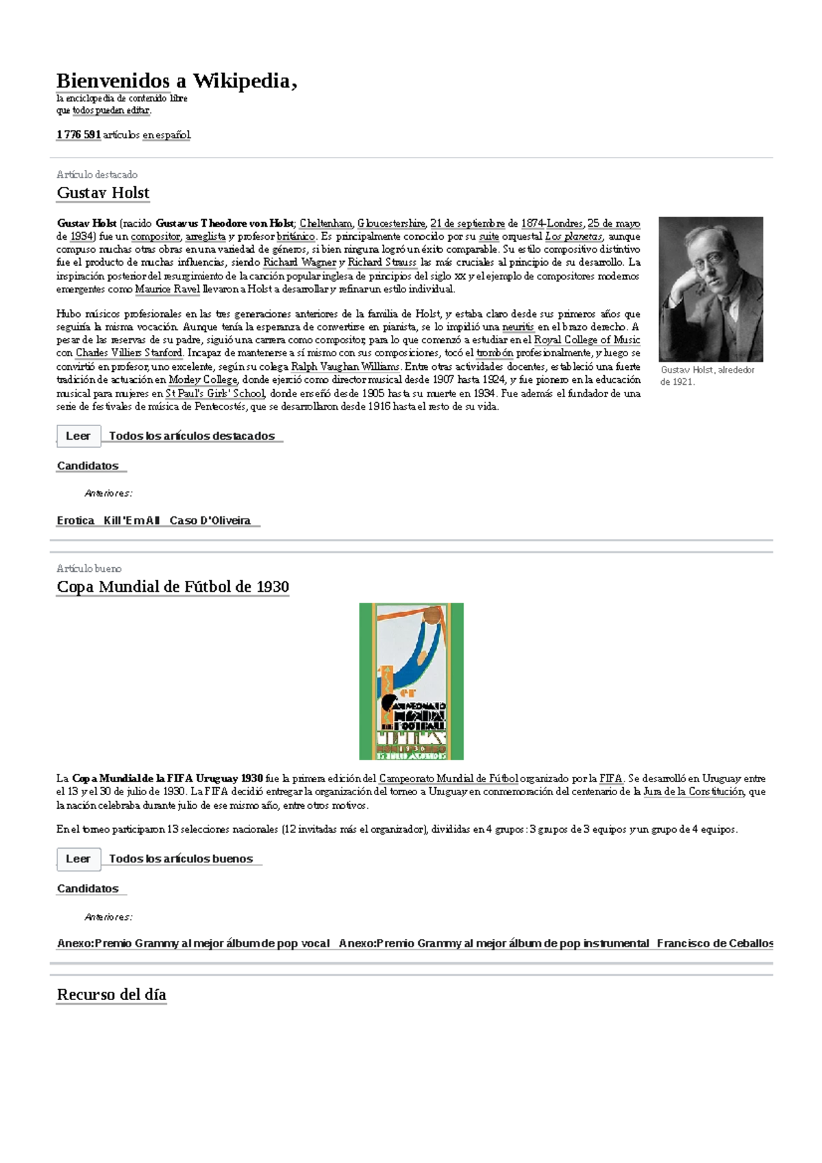 Wikipedia Portada - Gustav Holst, alrededor de 1921. Bienvenidos a ...