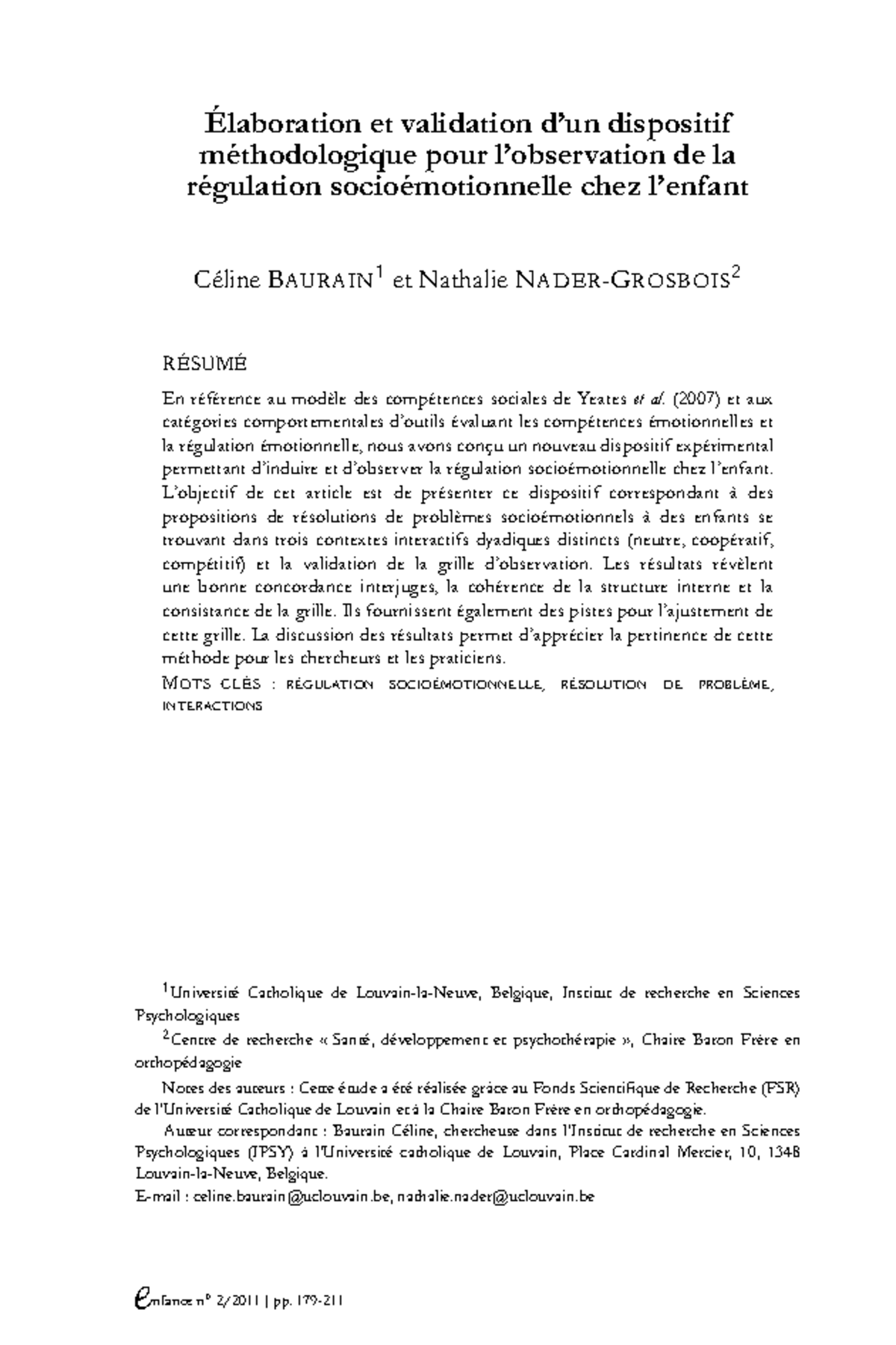 Baurain et Nader-Grosbois (2011 ) - Élaboration et validation d’un ...