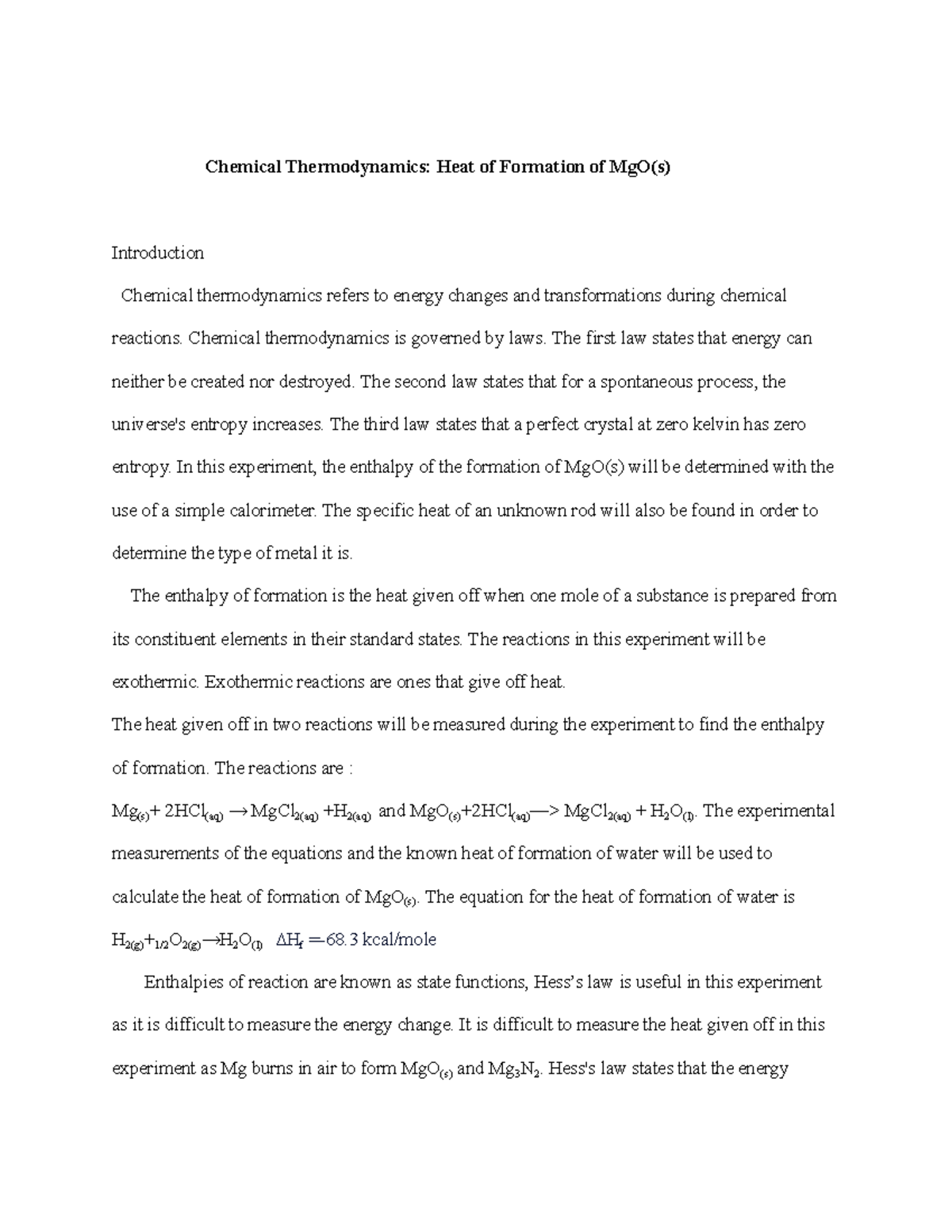 Chemical Thermodynamics Heat of Mg O(s) l - Chemical Thermodynamics ...