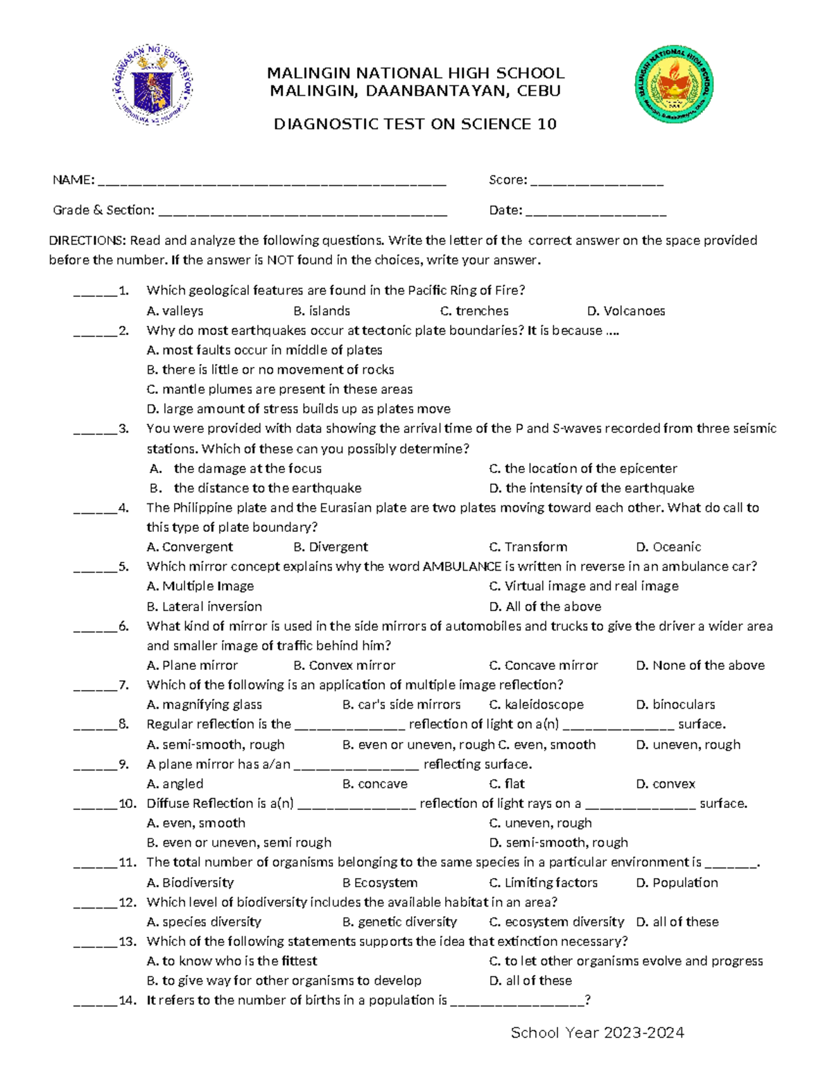 Diagnostic TEST ON Science 10 - MALINGIN NATIONAL HIGH SCHOOL MALINGIN ...