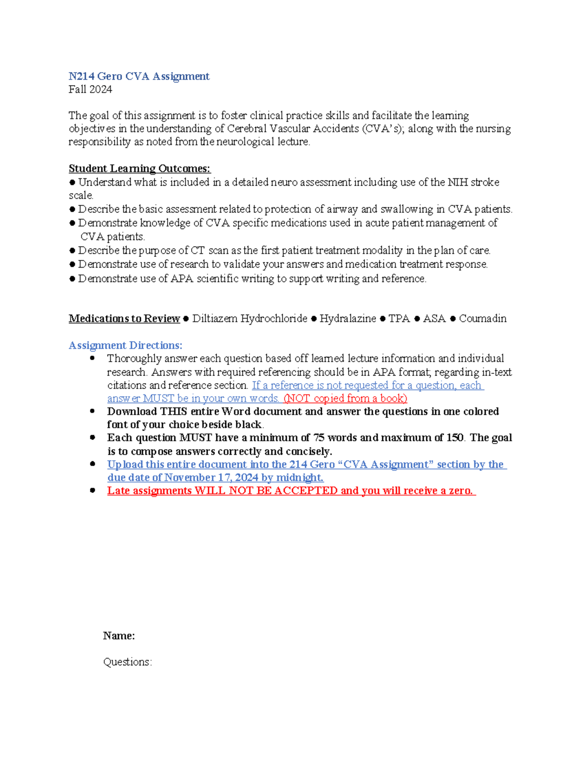 N214 Gero CVA Assignment - Student Learning Outcomes: Understand what is included in a detailed ...