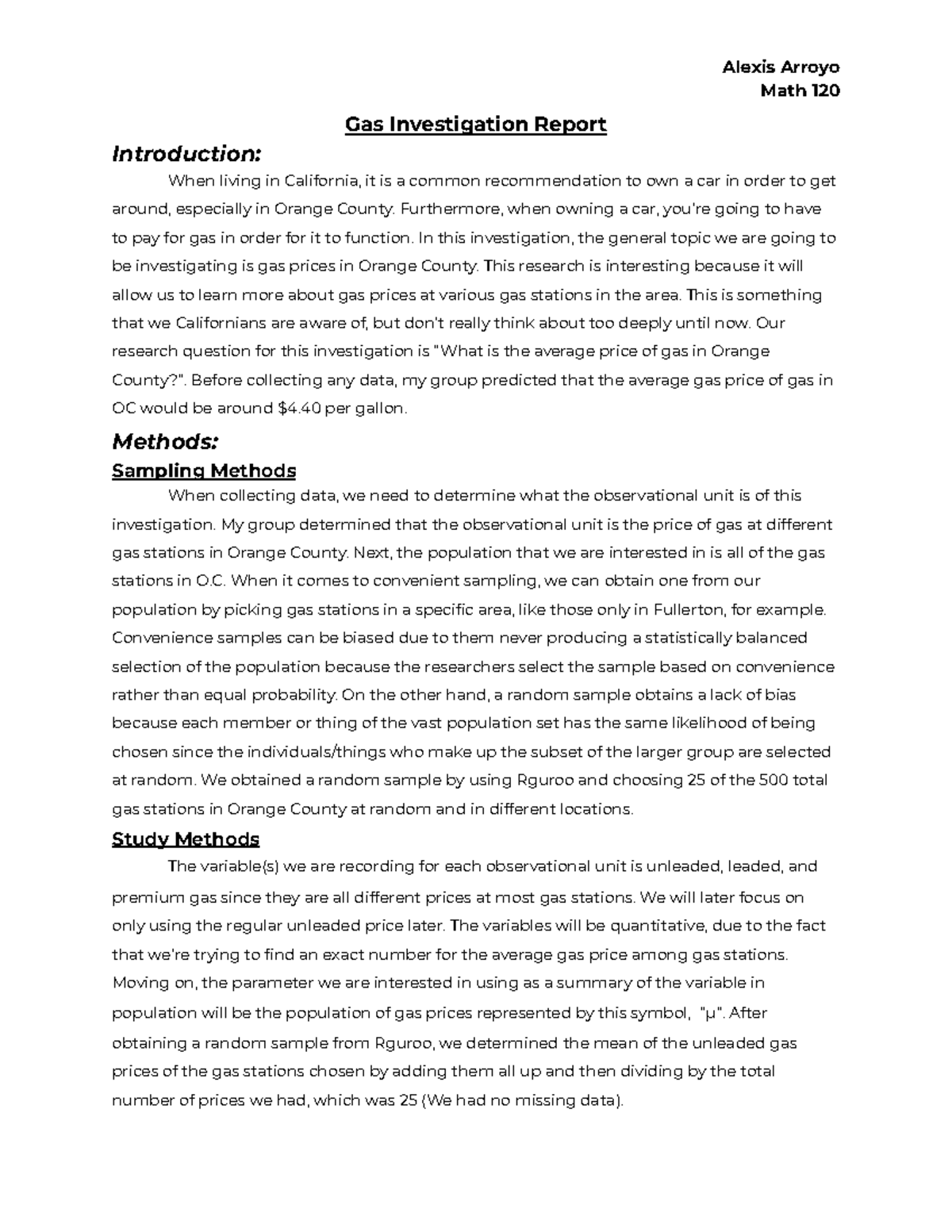 Alexis Arroyo - Gas Invesitgation Report - Math 120 Gas Investigation ...