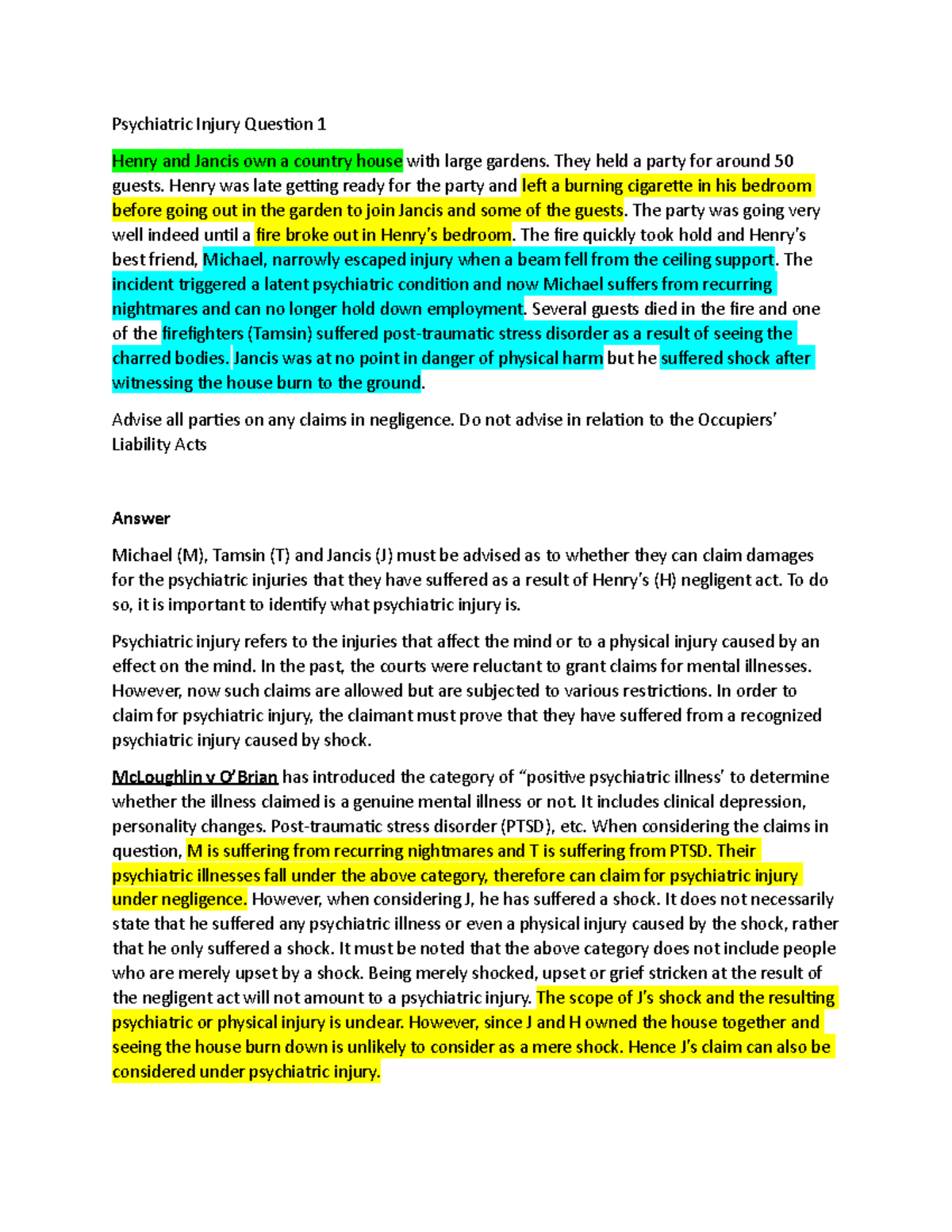 Psychiatric Injury Problem Question Henry and Jancis - Psychiatric ...