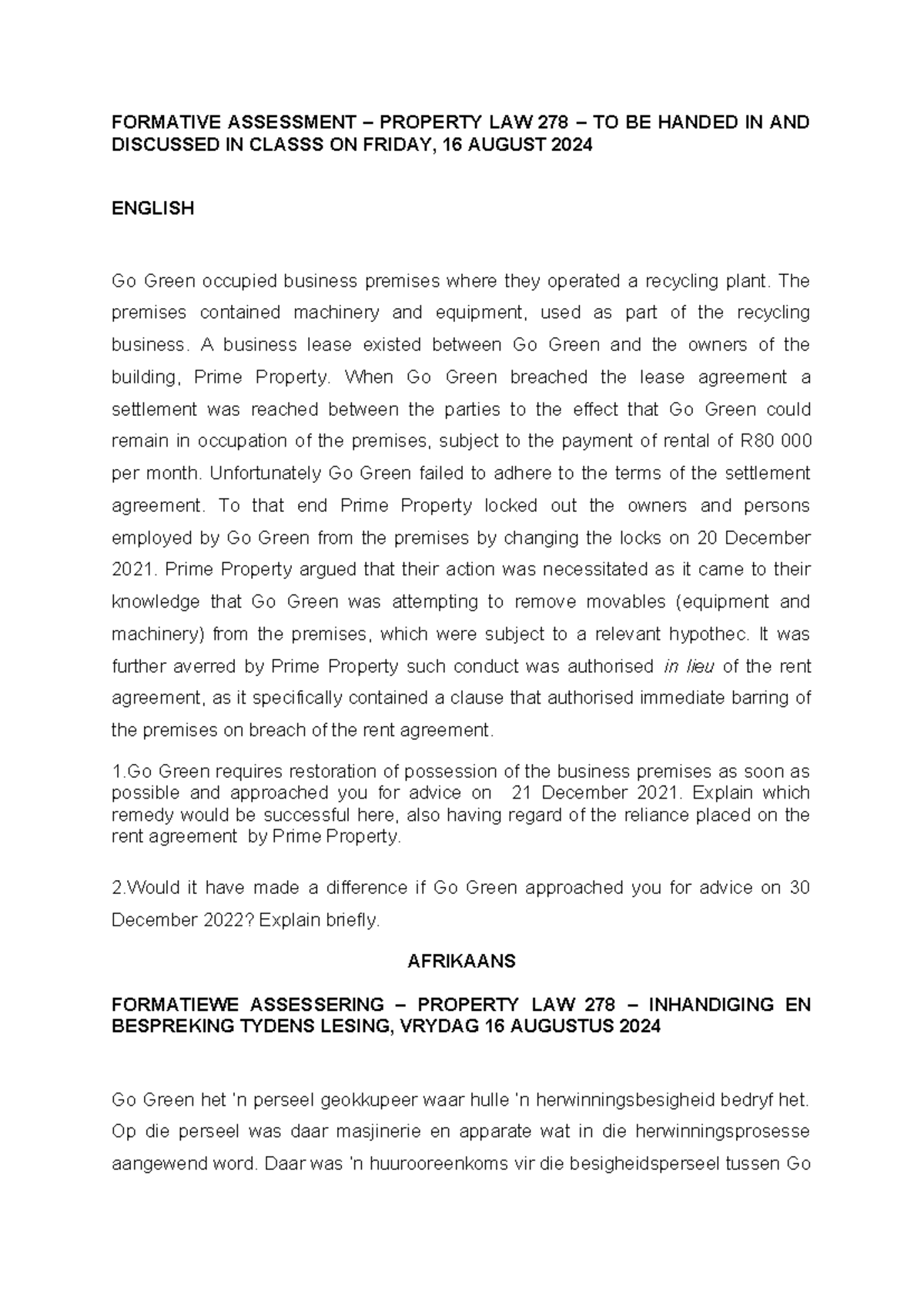 Formative Assessment 1 16 August 2024 - FORMATIVE ASSESSMENT – PROPERTY ...