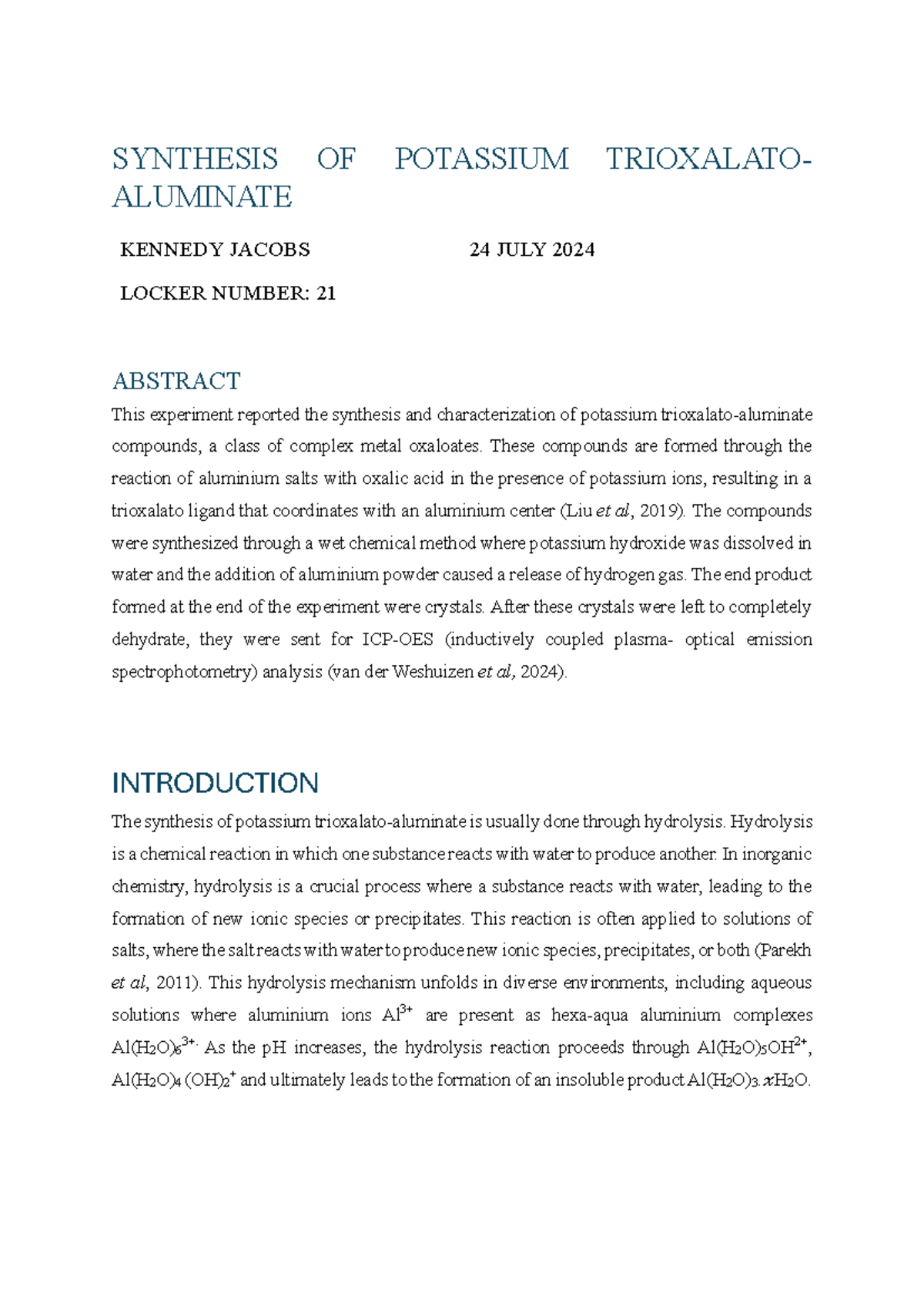 Publication - Experiment 2 - SYNTHESIS OF POTASSIUM TRIOXALATO ...