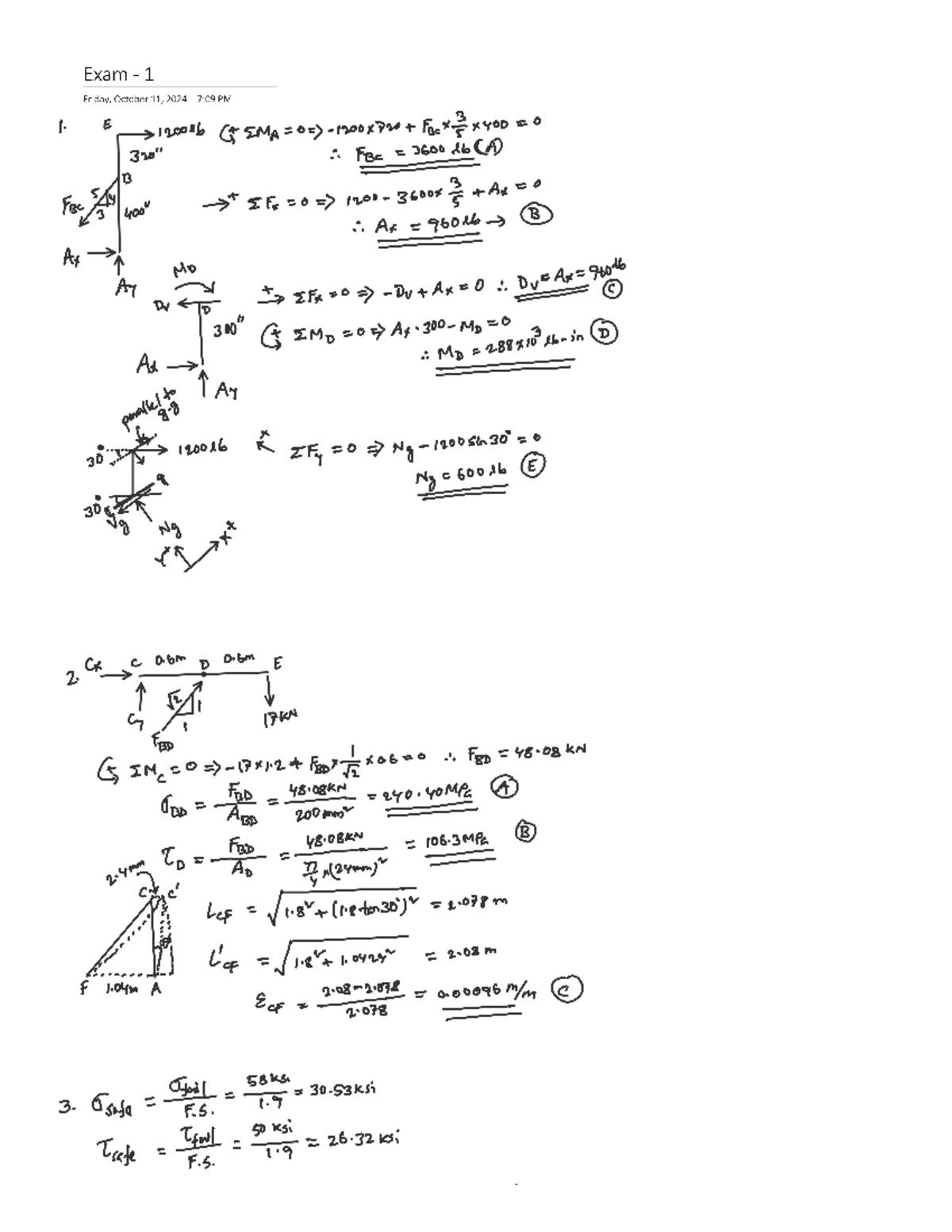 ENGR 2070 - Exam1 2024 solution - ENGR 2070 - Exam 1 Friday, October 11, 2024 7:09 PM 1. E ...