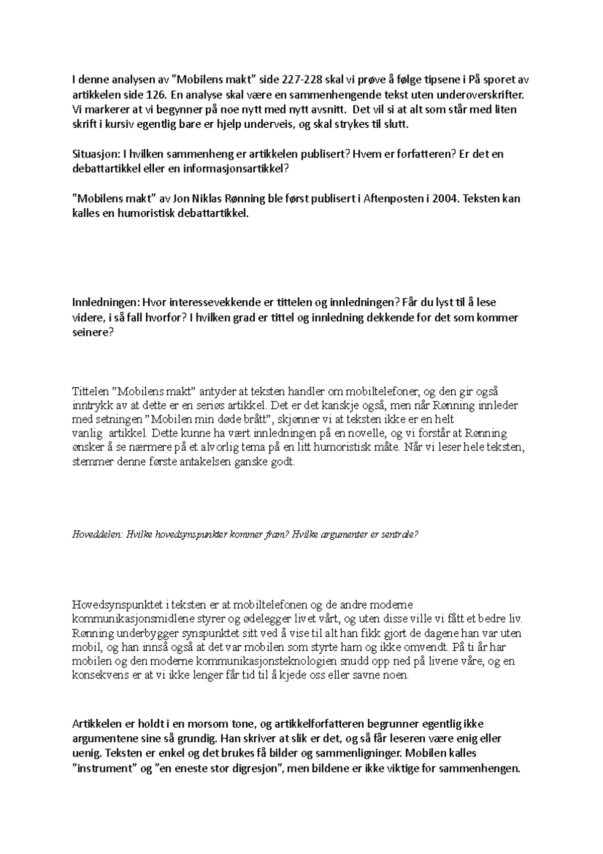 Hjelpetekst sakprosa - I denne analysen av ”Mobilens makt” side 227-228 ...