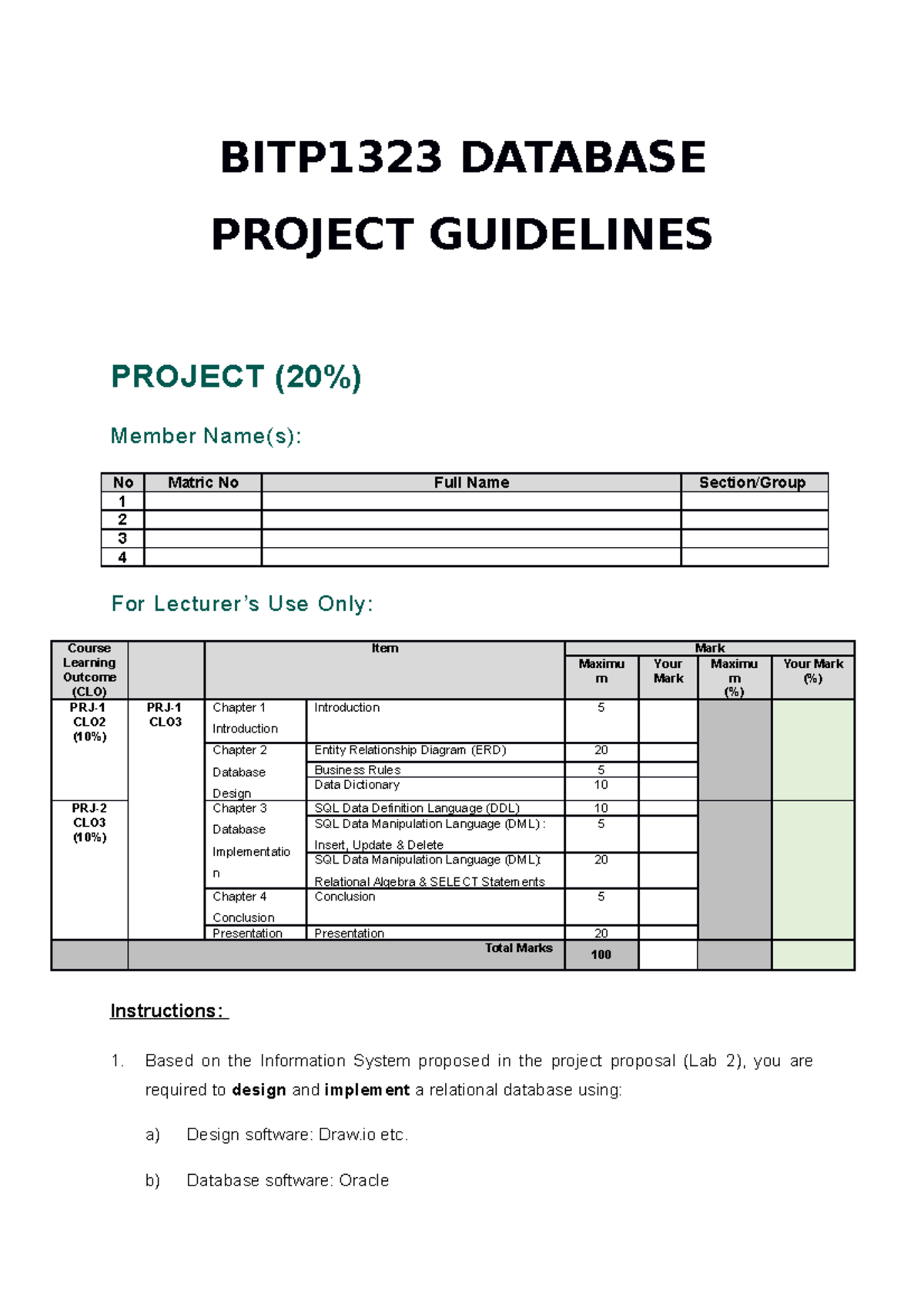 BITP1323 Project Requirements Evaluation Rubric - 20% - BITP1323 DATABASE PROJECT GUIDELINES ...