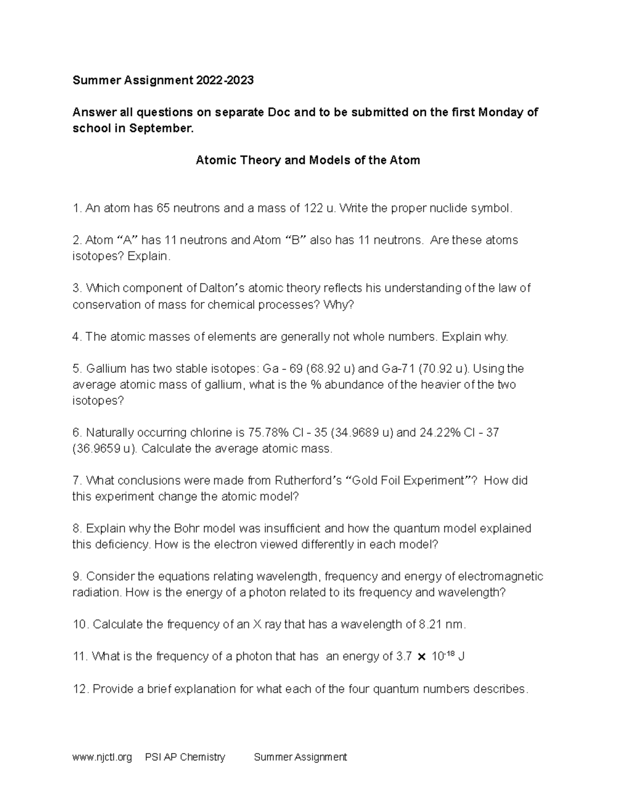 Ap-chem summer-review-practice-problems 2022-23 - Summer Assignment ...