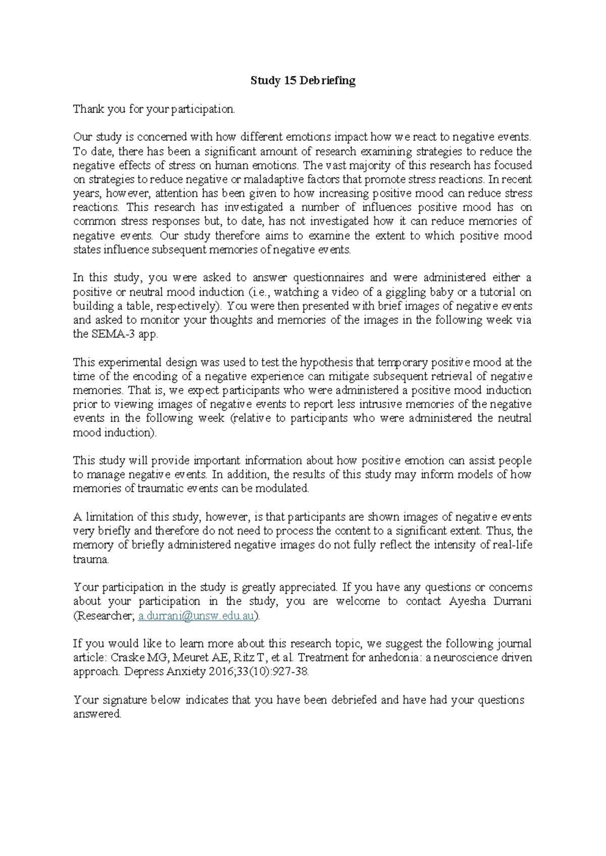 Debriefing of experiment on emotional faces - Study 15 Debriefing Thank ...