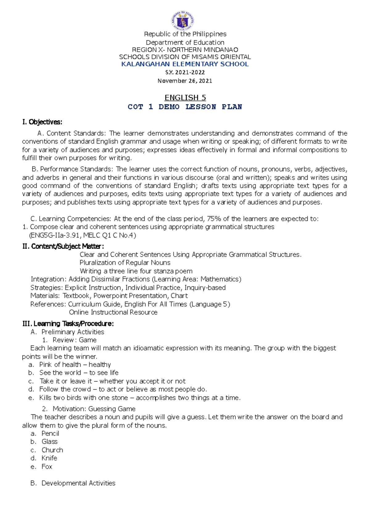 Classroom Observation Demo Lesson Plan in English 5 by Amelfa Sudaria ...